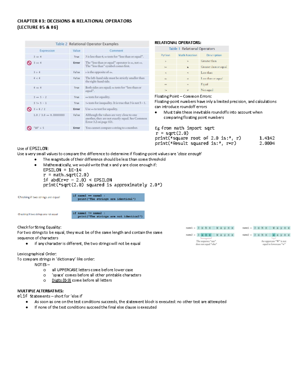 COMP SCI 1026 Lecture 05-06 - CHAPTER 03: DECISIONS & RELATIONAL OPERATORS (LECTURE 05 & 06 ...