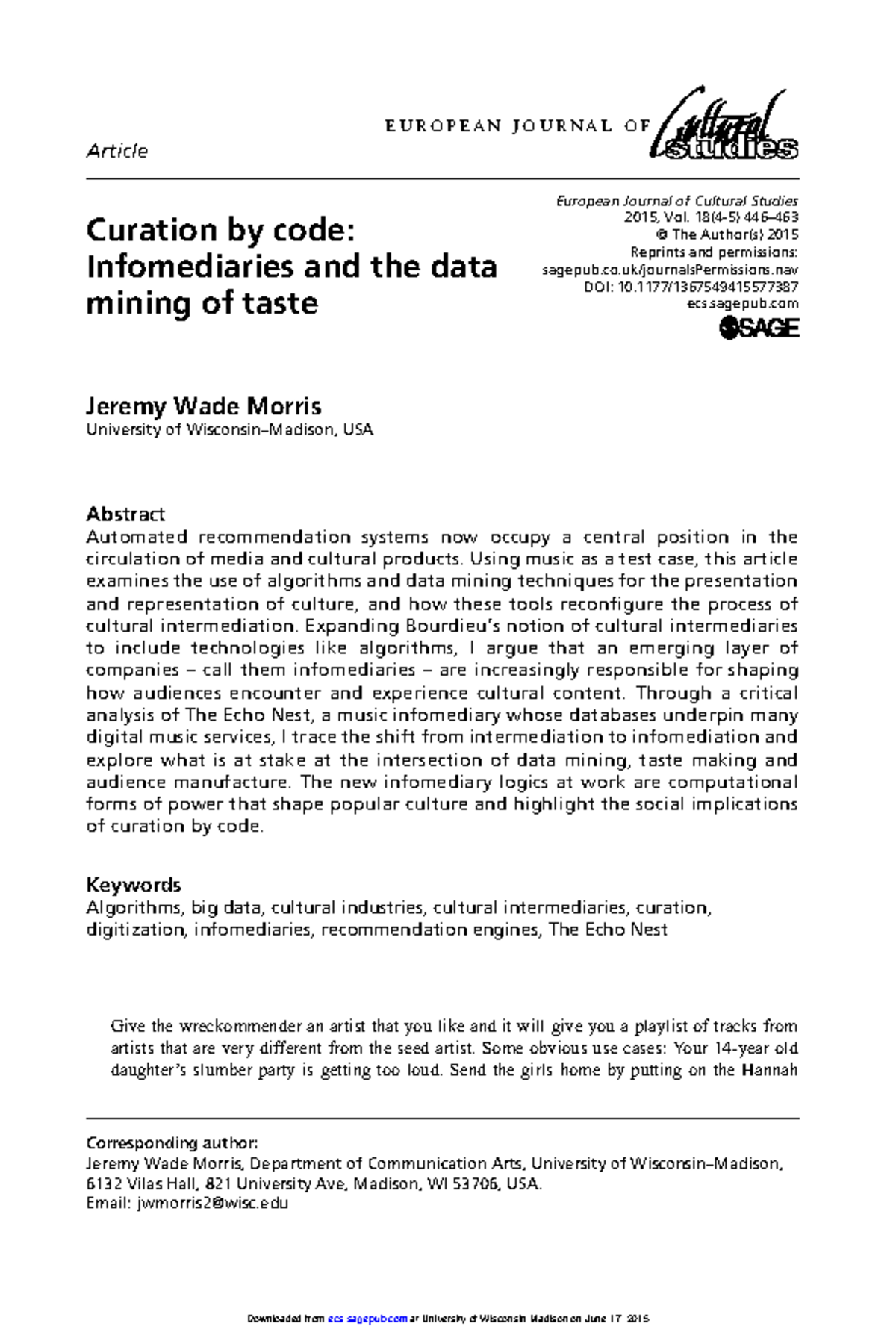Curation by code Infomediaries and the d - European Journal of Cultural ...