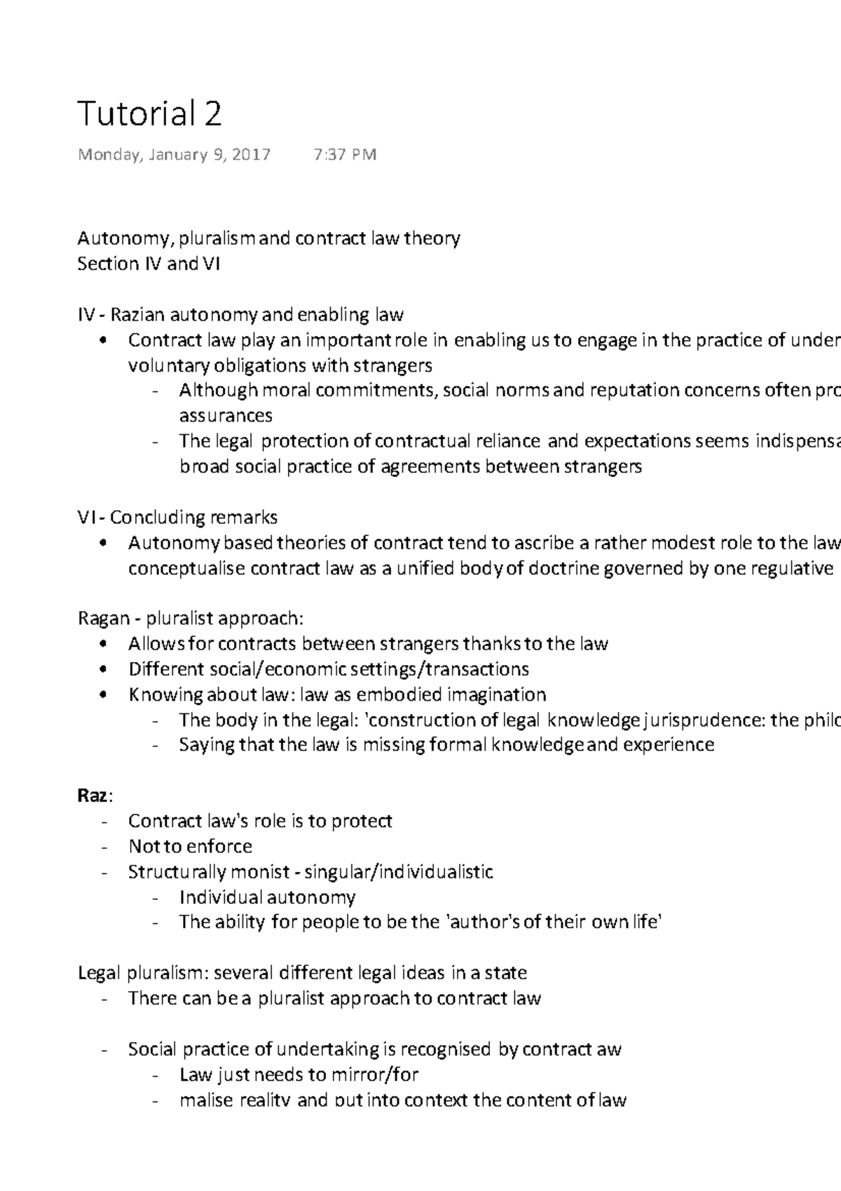 Contract law Tutorial 2 - Autonomy, pluralism and contract law theory ...