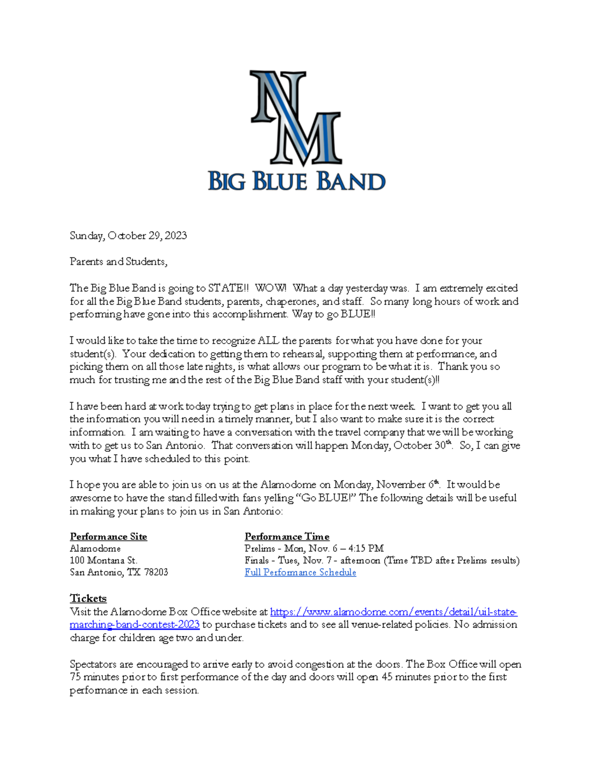 23 State Letter - Sunday, October 29, 2023 Parents and Students, The ...