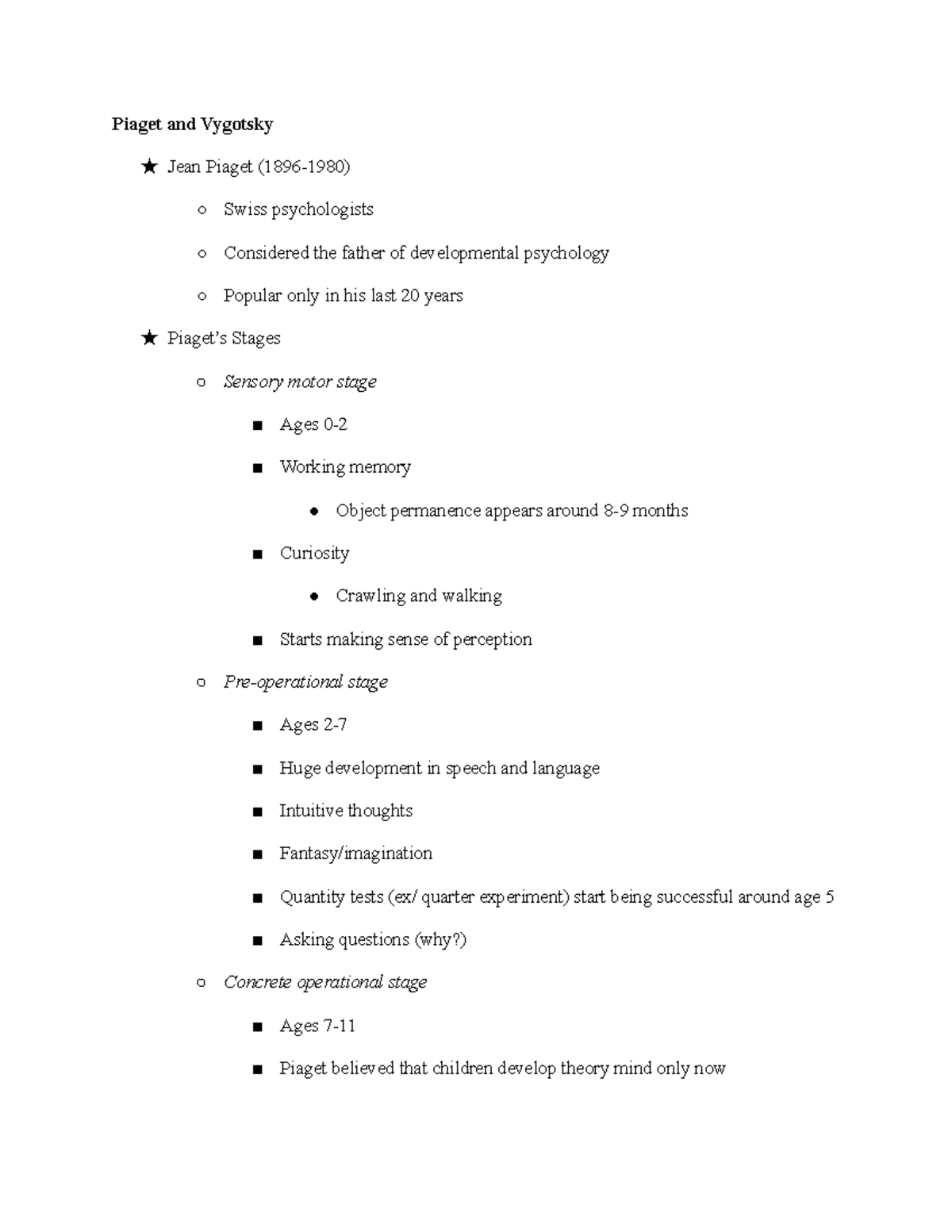 5 10 - class notes for 5/10 - Piaget and Vygotsky ★ Jean Piaget (1896 ...