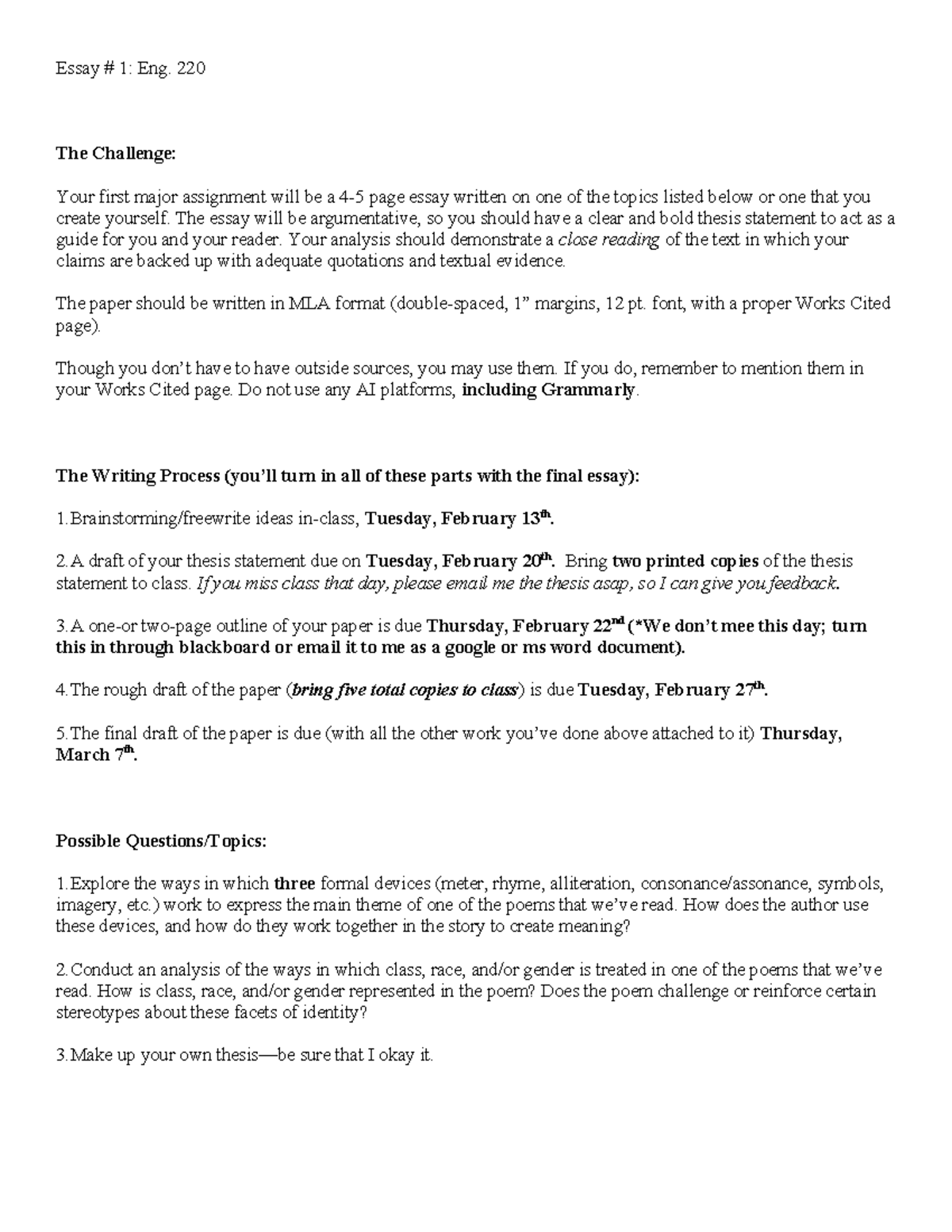 220-Essay One Prompt Sp 24 - Essay # 1: Eng. 220 The Challenge: Your ...
