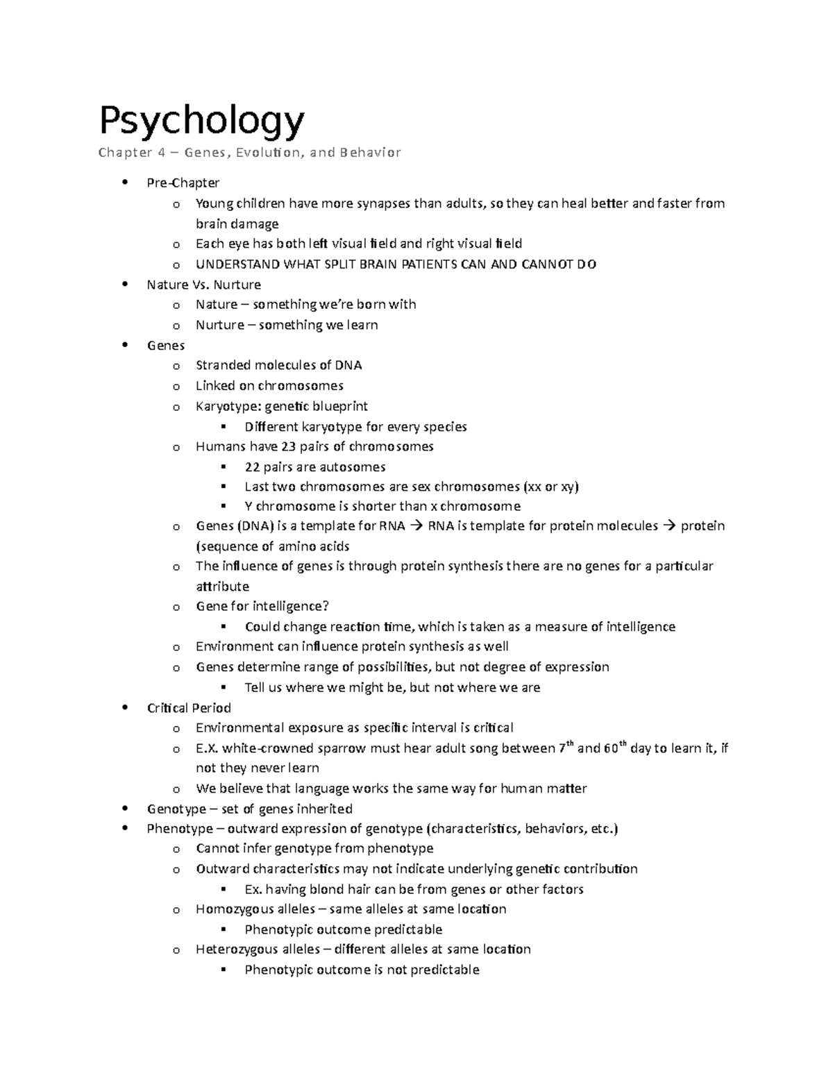 Chapter Four - Class Notes - Psychology Chapter 4 – Genes, Evolution ...