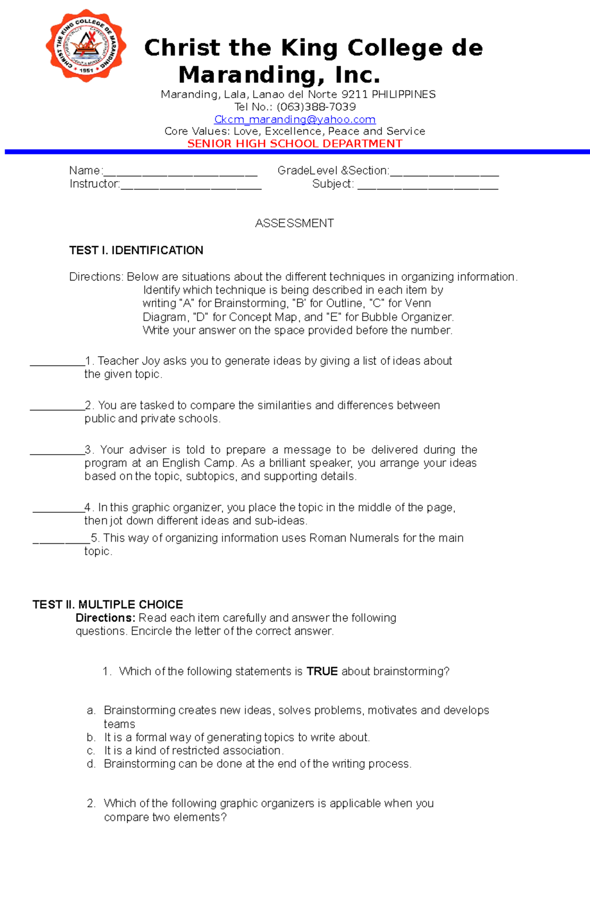 Assessment RAW - Maranding, Inc. Maranding, Lala, Lanao del Norte 9211 ...