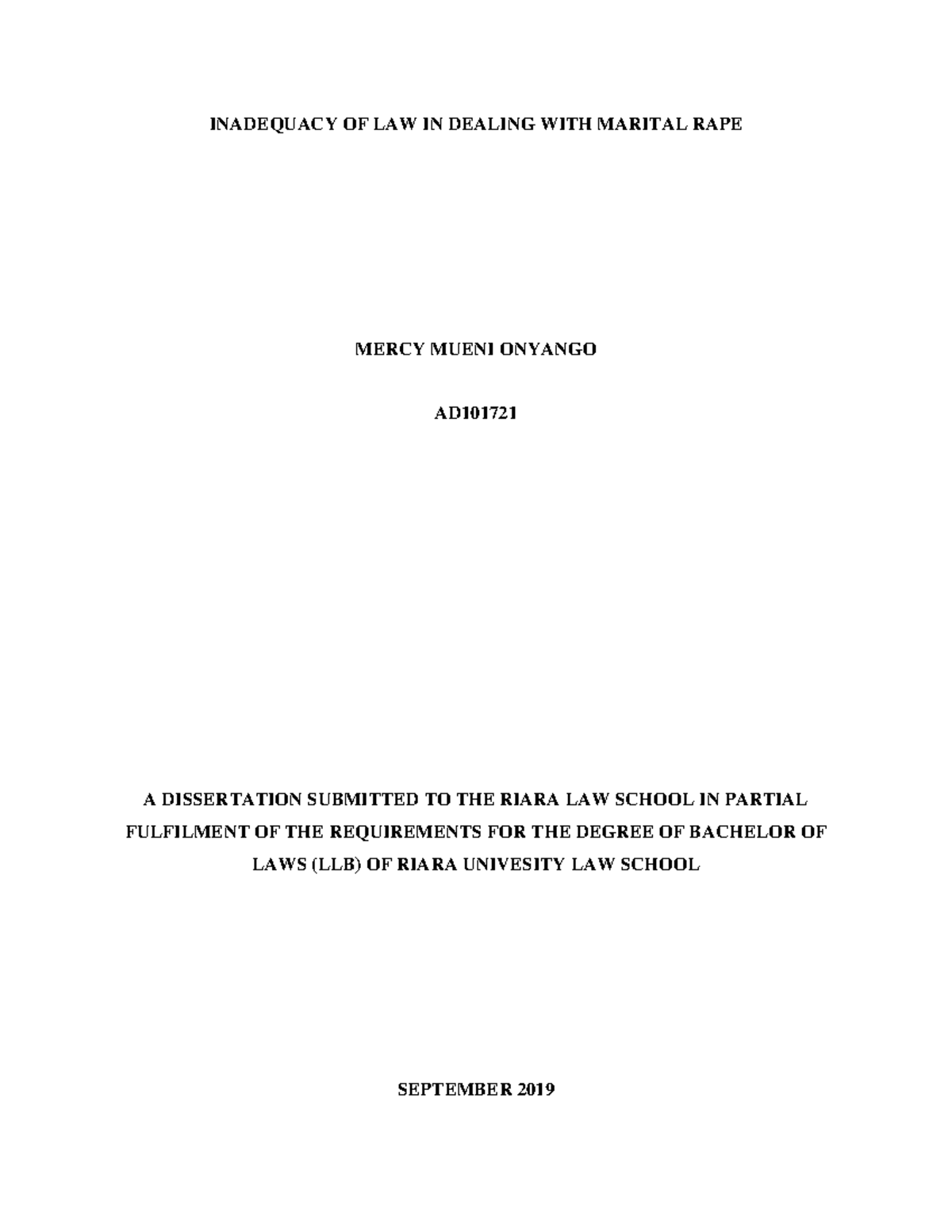 Mercy Mueni - Project - INADEQUACY OF LAW IN DEALING WITH MARITAL RAPE ...