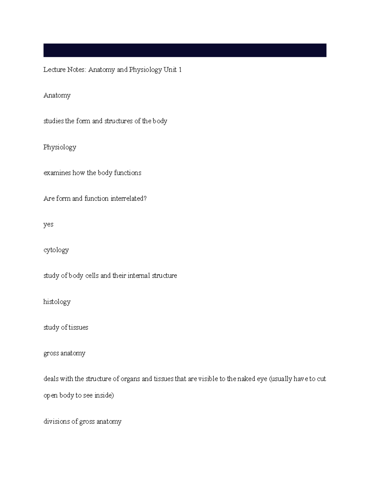Lecture Notes Anatomy and Physiology Unit 1 - Studocu