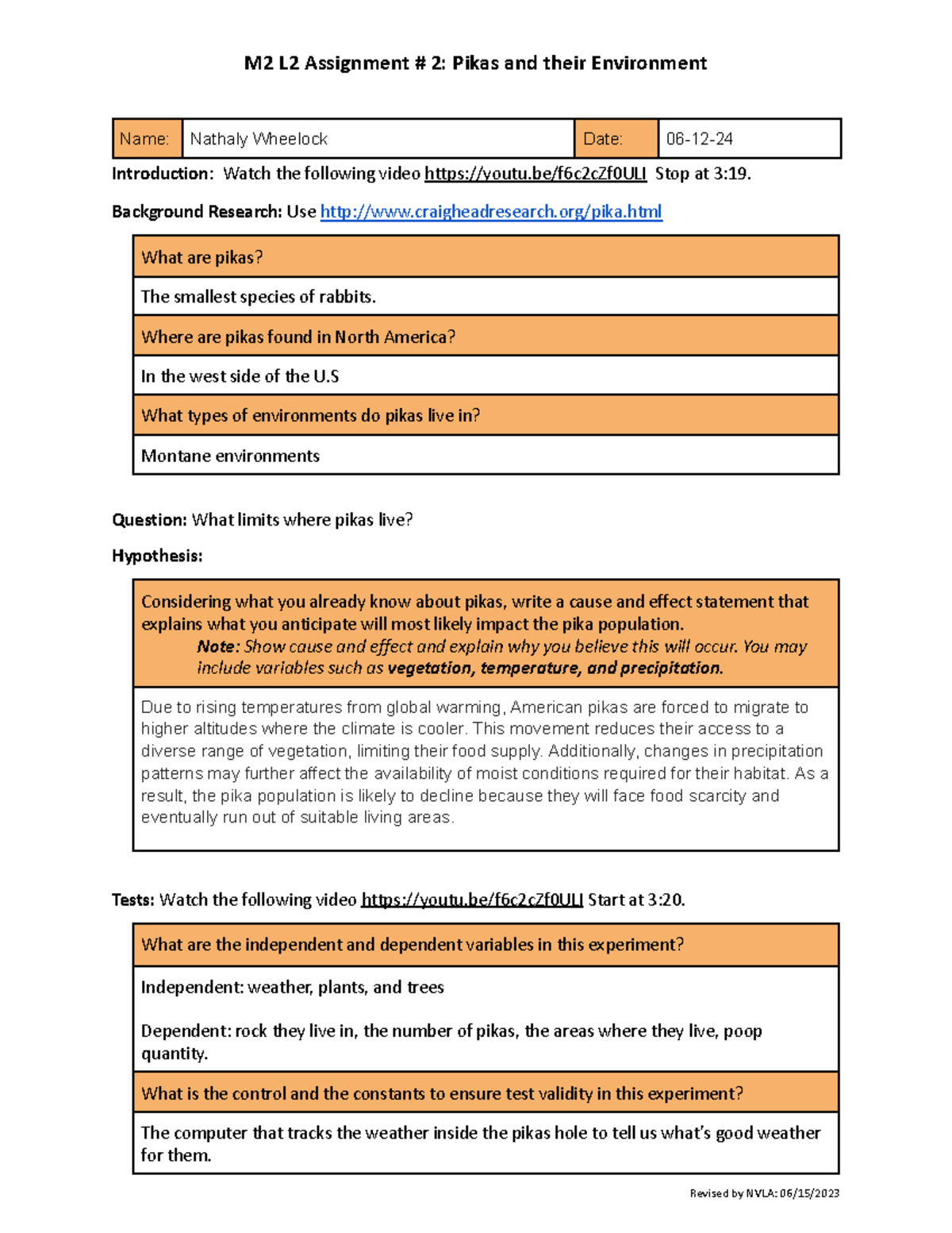 Copy of M2 L2 Assignment # 2 Pikas and Their Environment - Name ...