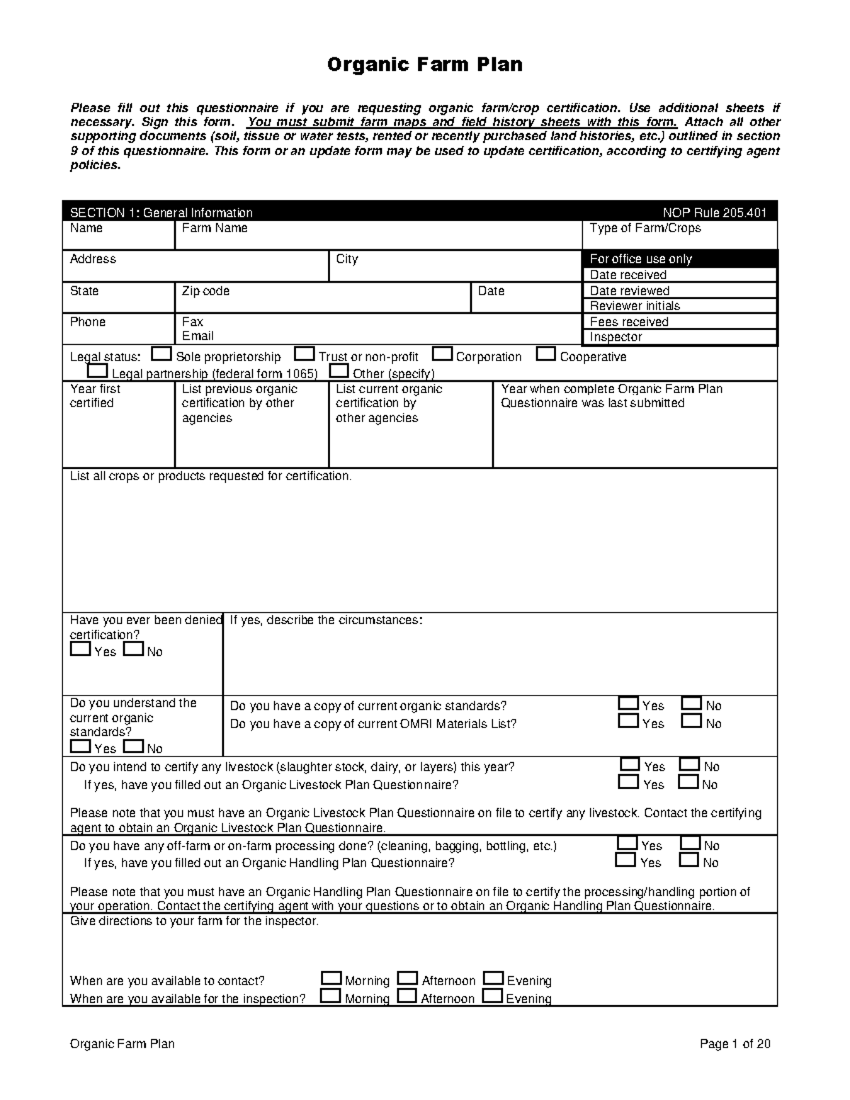 6 Organic Certification Application Template - Organic Farm Plan Please ...