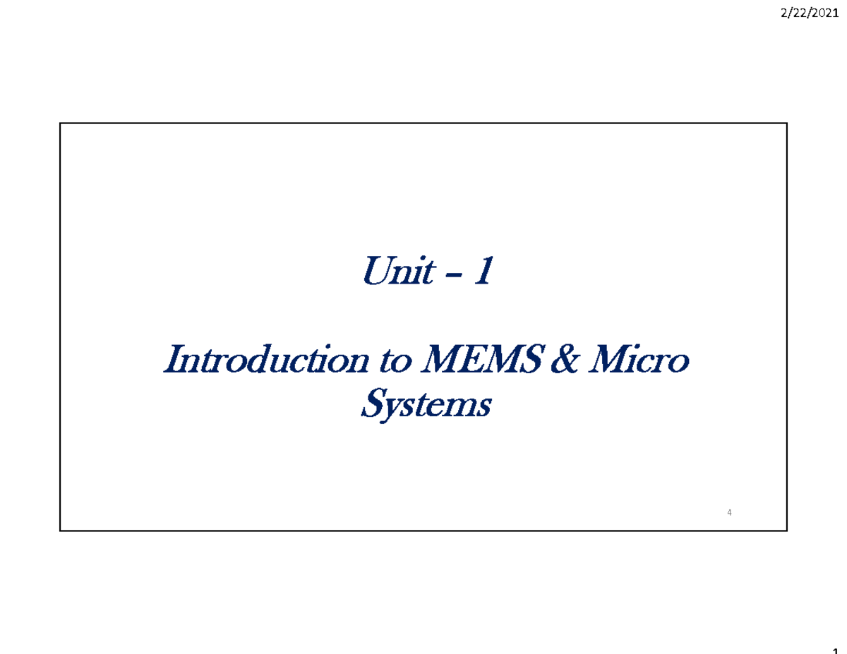 Unit - 1 MEMS Lecture notes - Unit – 1 Introduction to MEMS & Micro ...