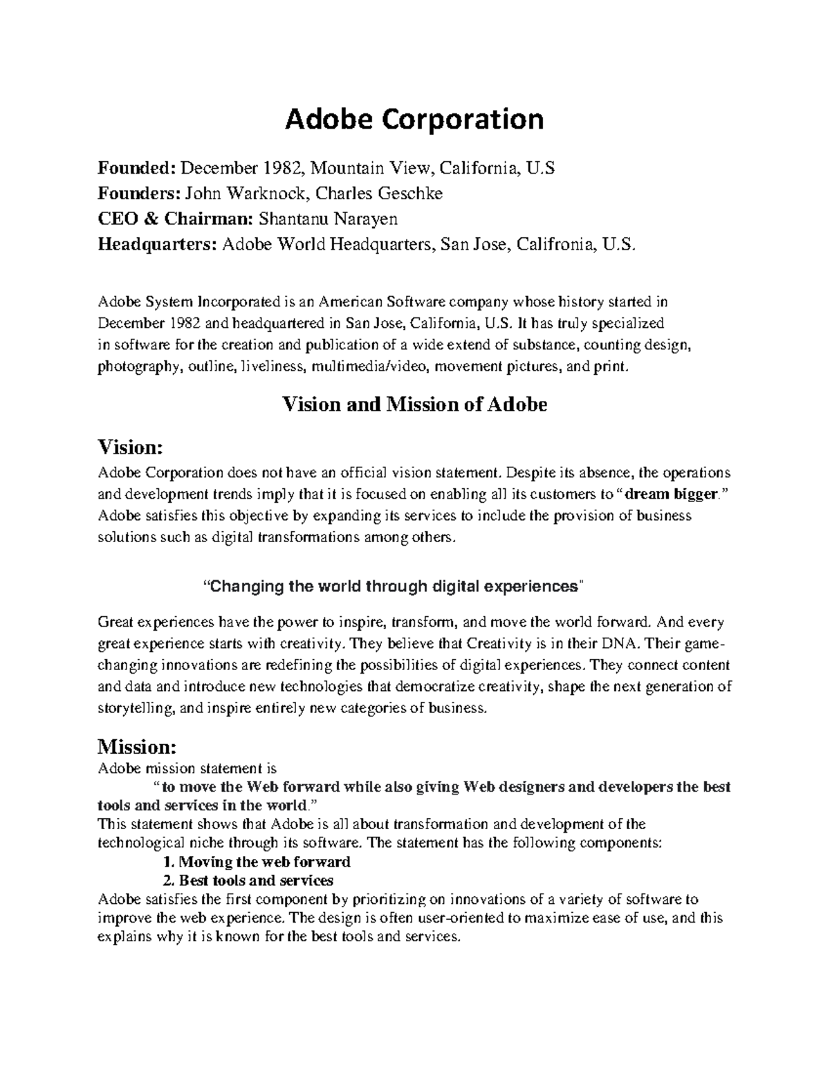 Adobe Corporation - Summary Marketing Management - Adobe Corporation ...