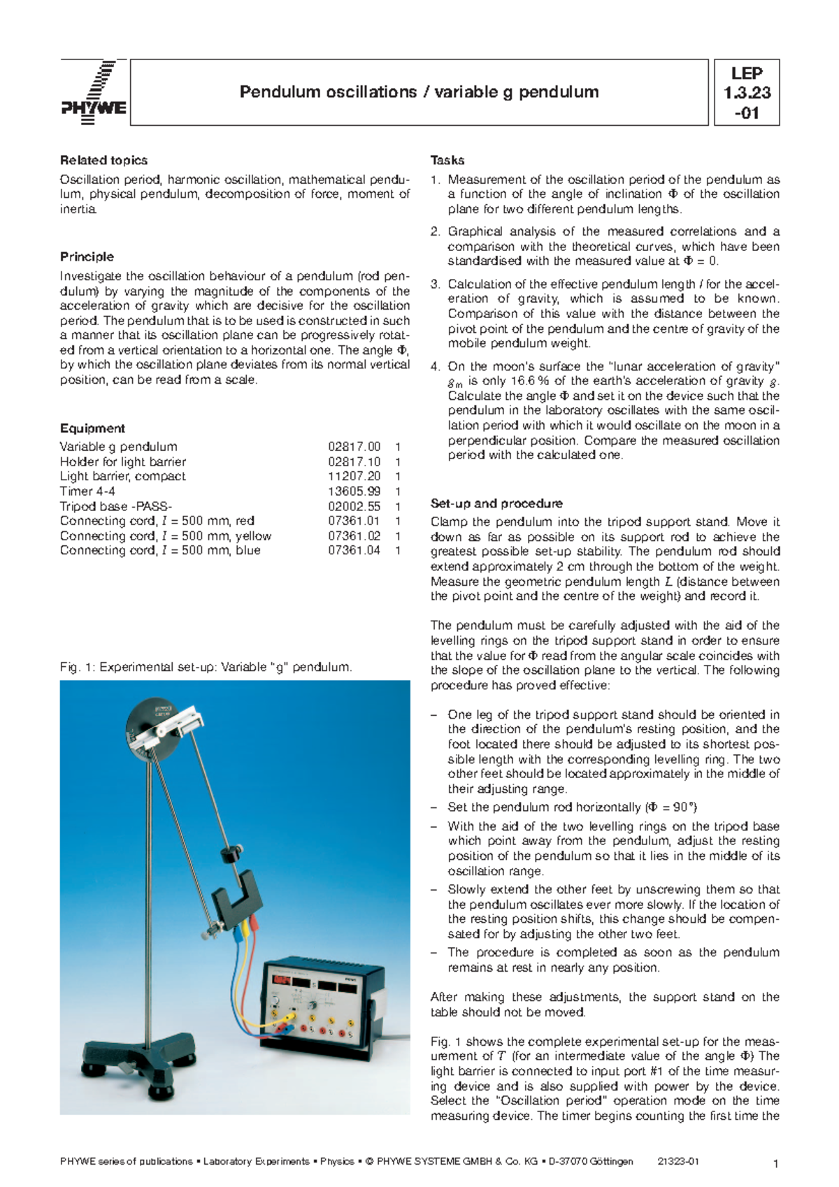 hello hi fine thanks you - LEP 1. - Pendulum oscillations / variable g pendulum PHYWE series of ...
