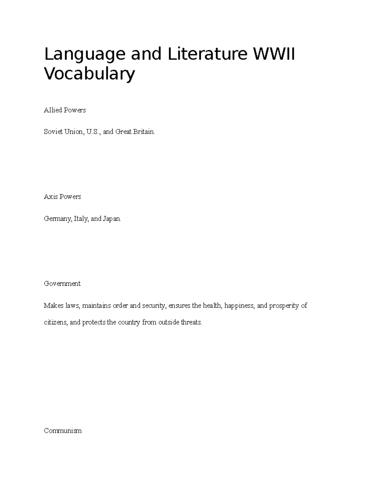 Language and Literature WWII Vocabulary - Language and Literature WWII ...