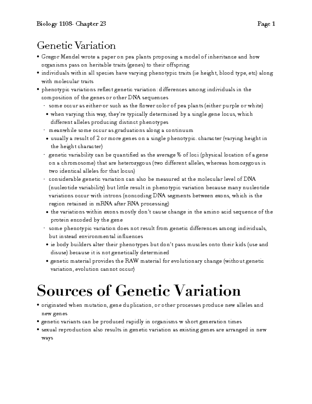 Biology 1108 Chapter 23 - Genetic Variation Gregor Mendel wrote a paper ...