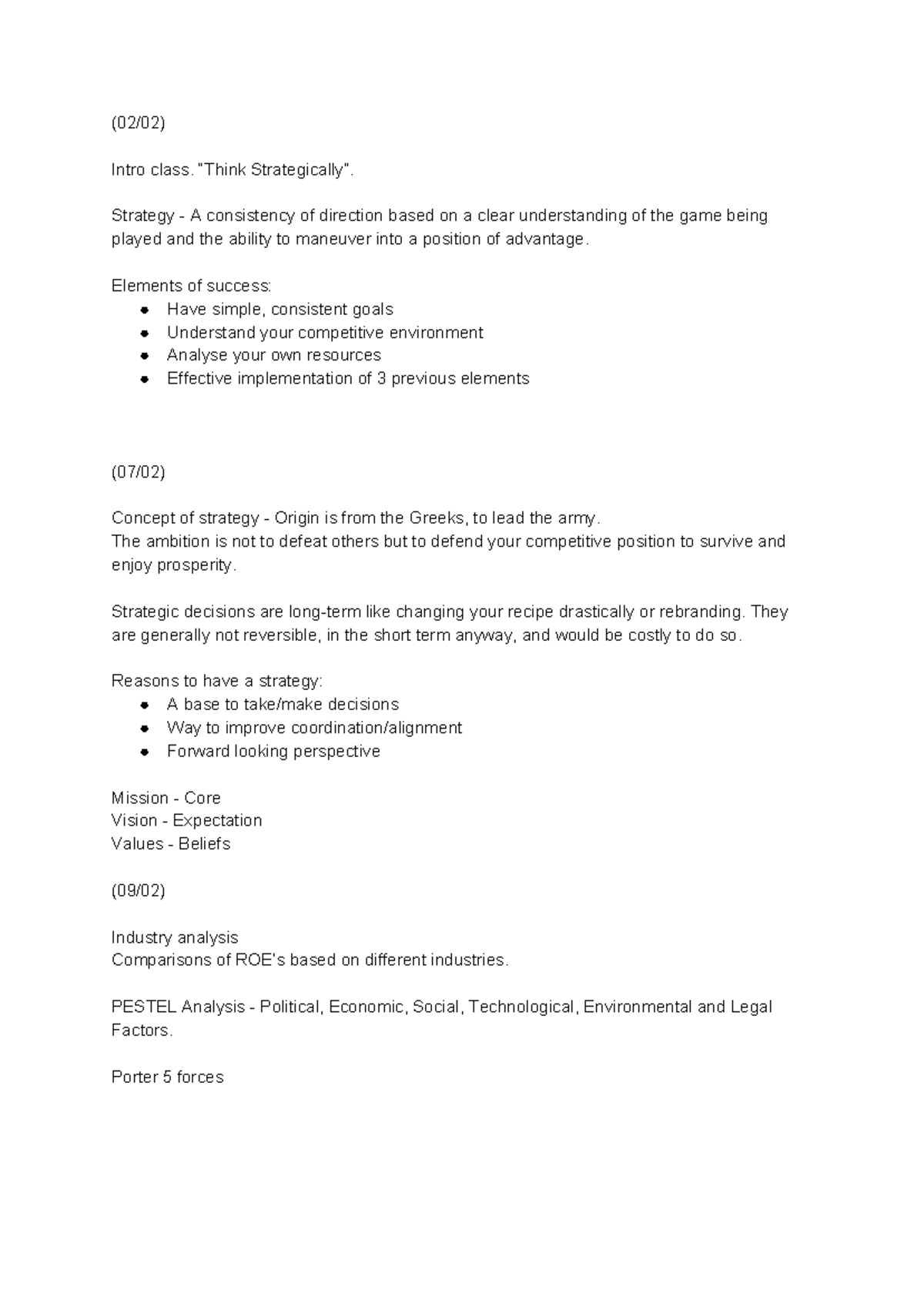 Stategic Management - Lecture notes All - (02/02) Intro class. “Think ...