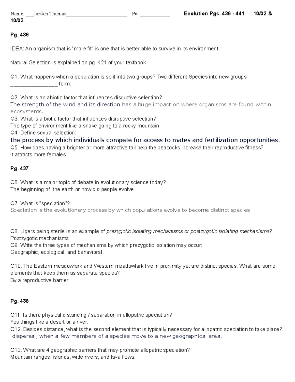Evolution and Speciation Quiz - Studocu