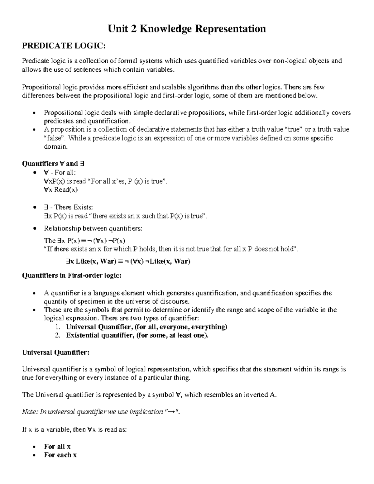 Unit 2nd - ntg - Unit 2 Knowledge Representation PREDICATE LOGIC: Predicate logic is a ...