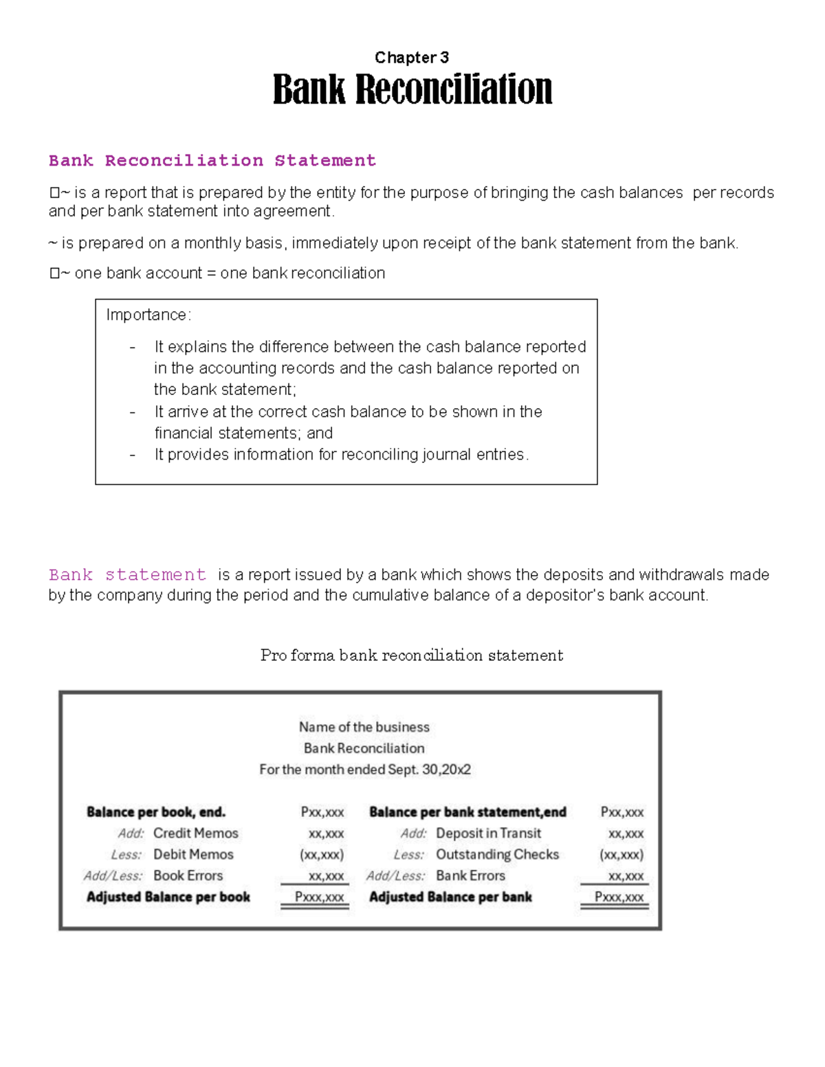Bank Reconciliation Notes - Chapter 3 Bank Reconciliation Bank ...