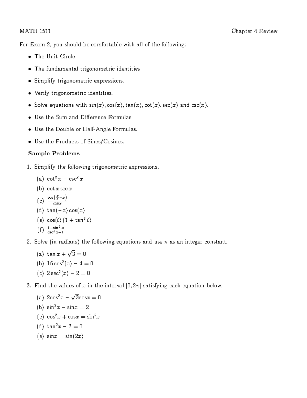 Exam2 review - MATH 1511 Chapter 4 Review For Exam 2, you should be ...