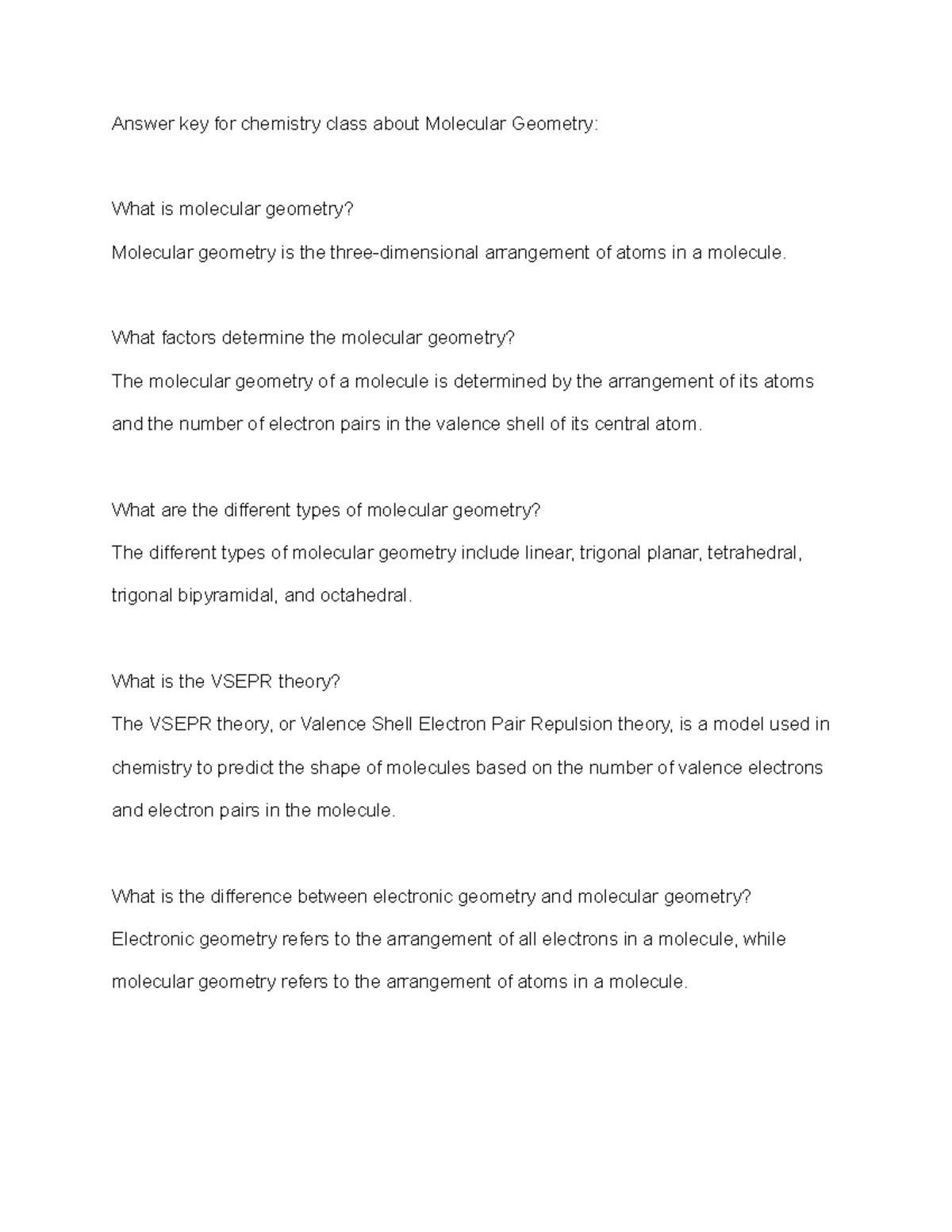 Lecture notes chemistry molecular geometry - Answer key for chemistry ...