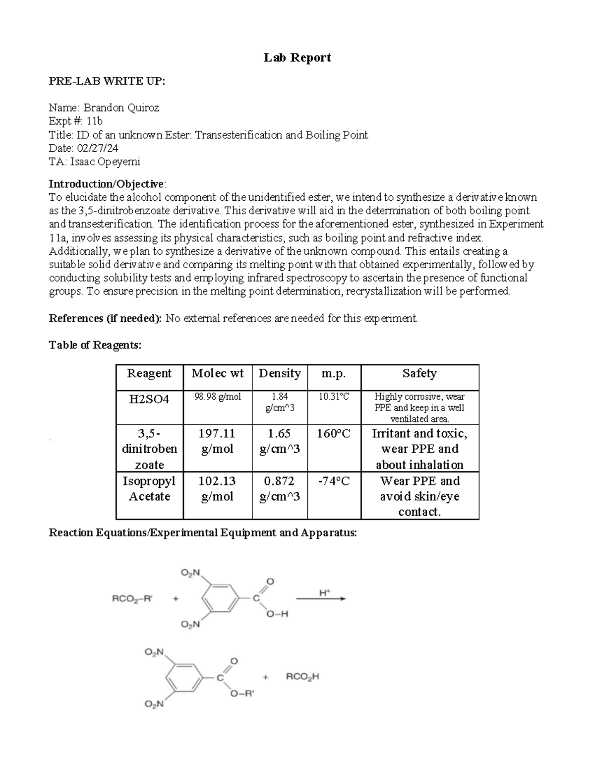 Expt 11b ID of an unknown Ester: Transesterification and Boiling Point - Lab Report PRE-LAB ...