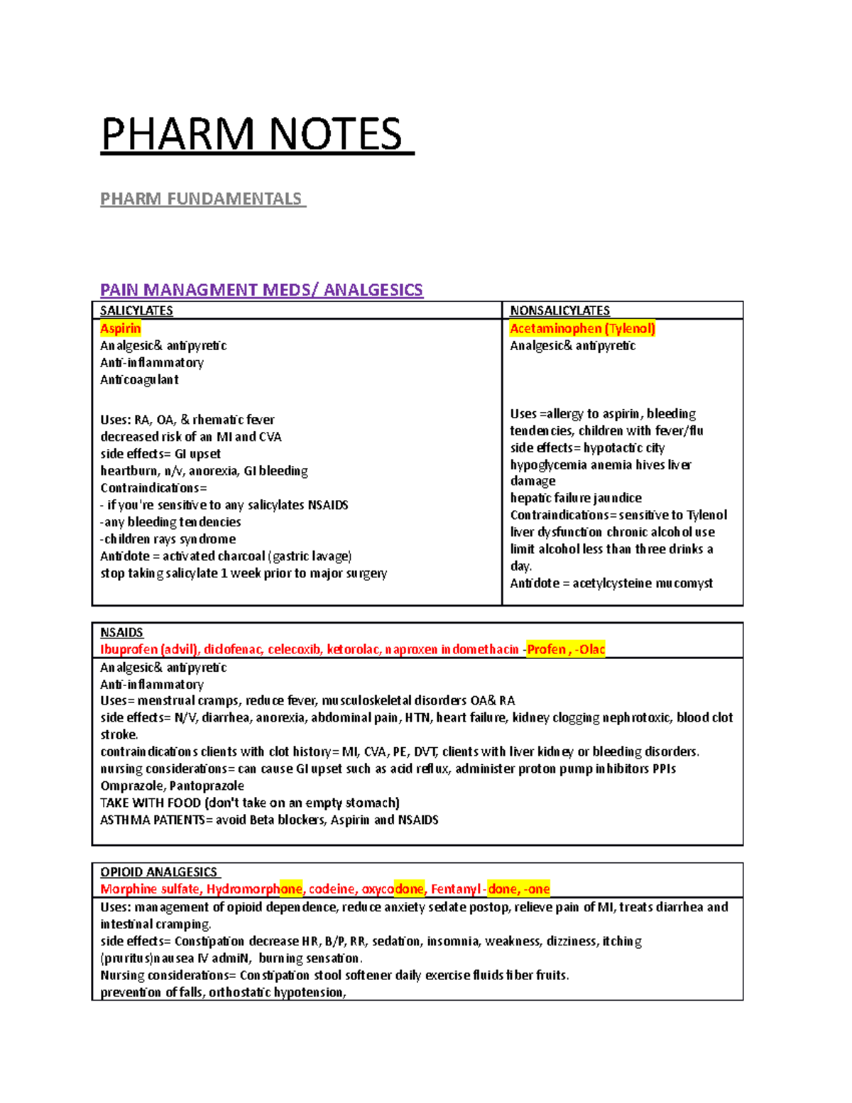 MY Pharm Notes ;) - PHARM NOTES PHARM FUNDAMENTALS PAIN MANAGMENT MEDS ...