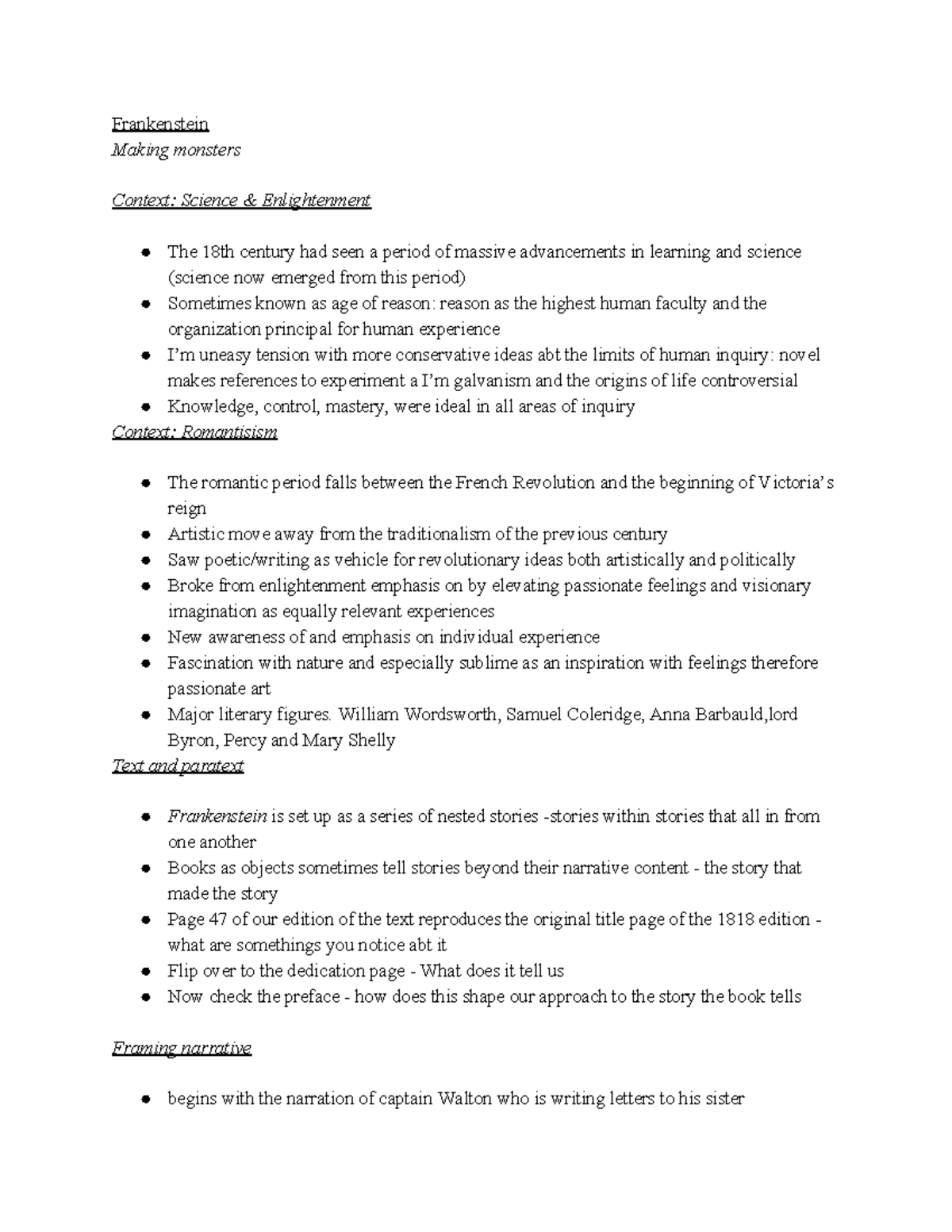 English lecture 5 Frankenstein - Frankenstein Making monsters Context ...