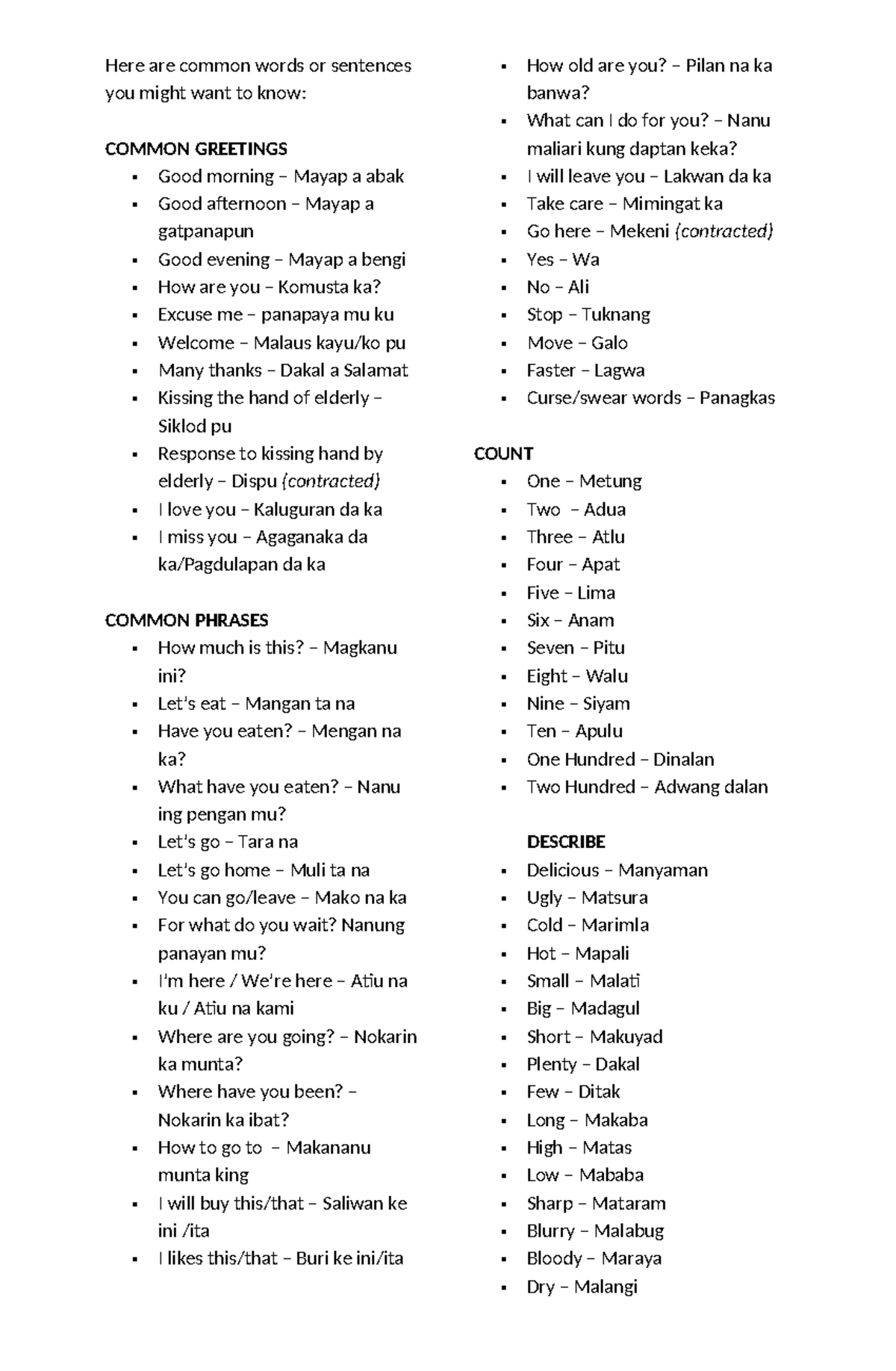 Kapampangan part 1 - Here are common words or sentences you might want ...