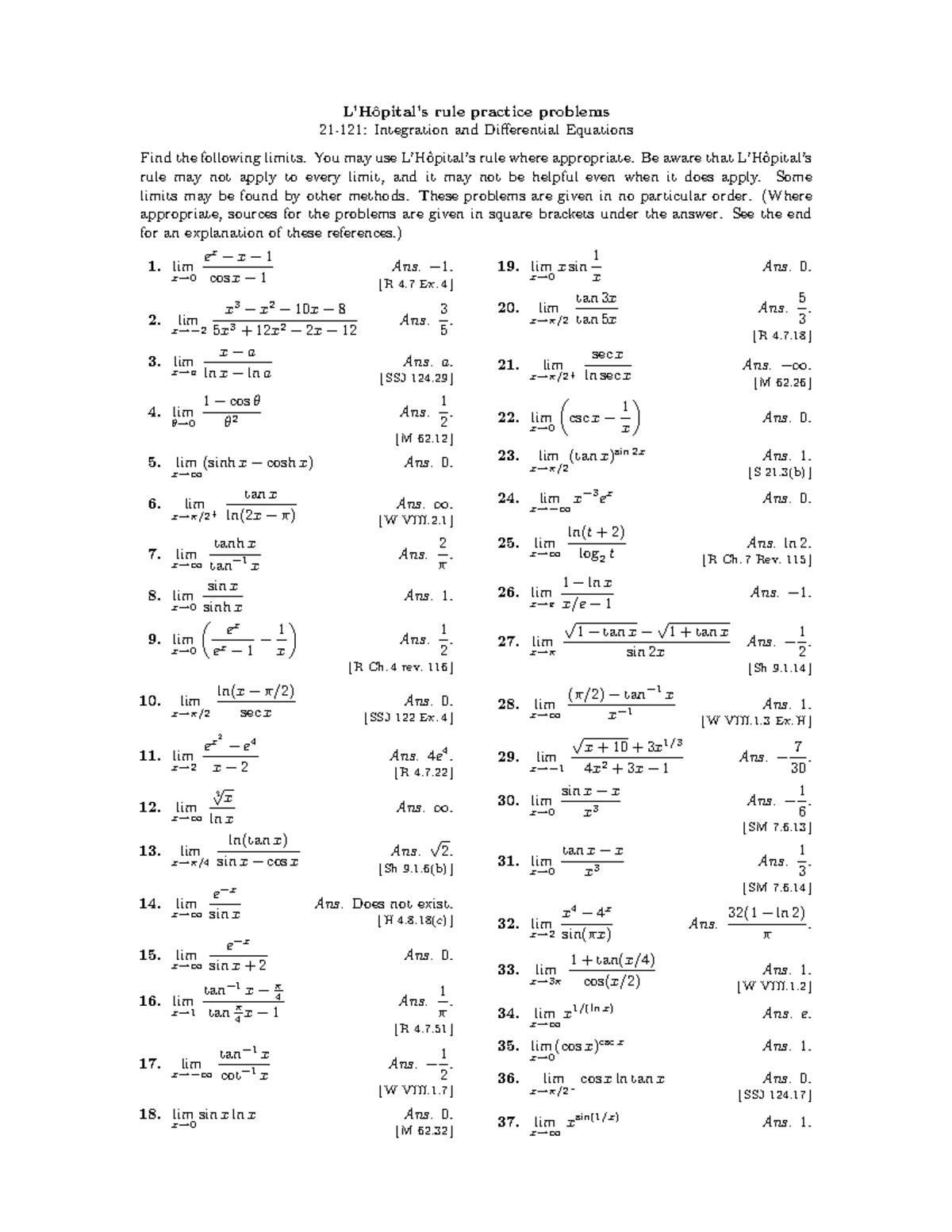 Tutorial C3 - L’Hˆopital’s rule practice problems 21-121: Integration ...