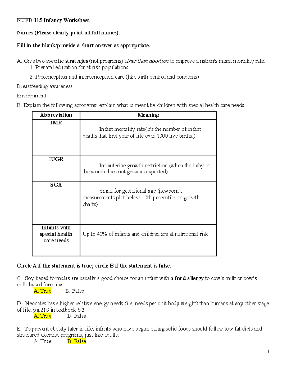 Infancy worksheet - NUFD 115 Infancy Worksheet Names (Please clearly ...