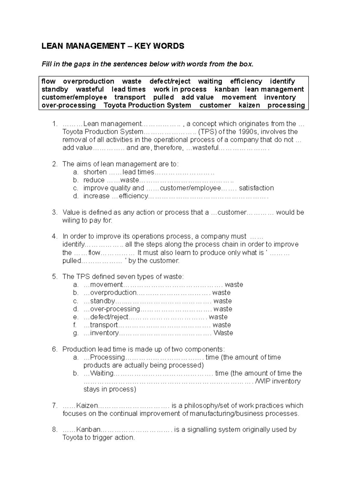 03 Gap-Filler-Exercise Lean Management Filled - LEAN MANAGEMENT – KEY ...