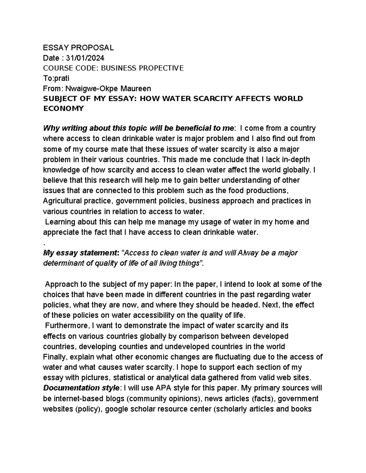 How water sarcity affects the world economy - ESSAY PROPOSAL Date : 31 ...