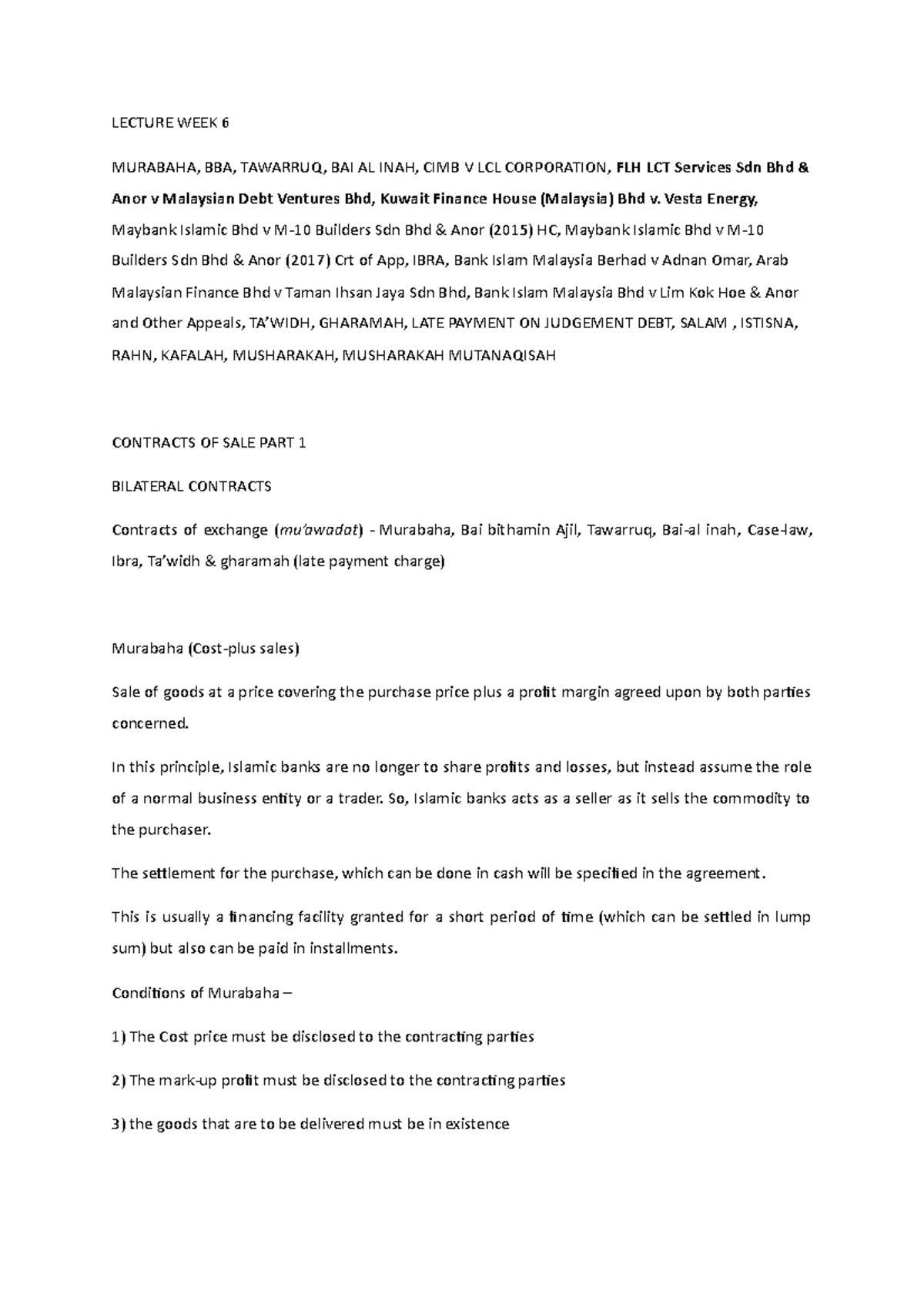 Lecture WEEK 6 IBF - LECTURE WEEK 6 MURABAHA, BBA, TAWARRUQ, BAI AL INAH, CIMB V LCL CORPORATION ...