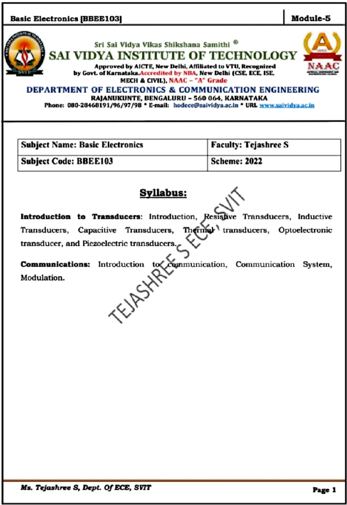 BE module 5 Transducers - Basic Electronics [BBEE103] SVIF Sri Sai Vidya Vikas Shikshana Samithi ...