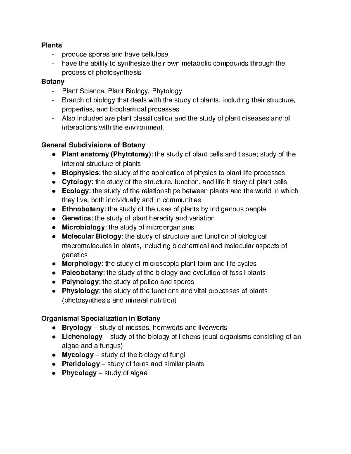 Botany notes - Plants - produce spores and have cellulose - have the ...