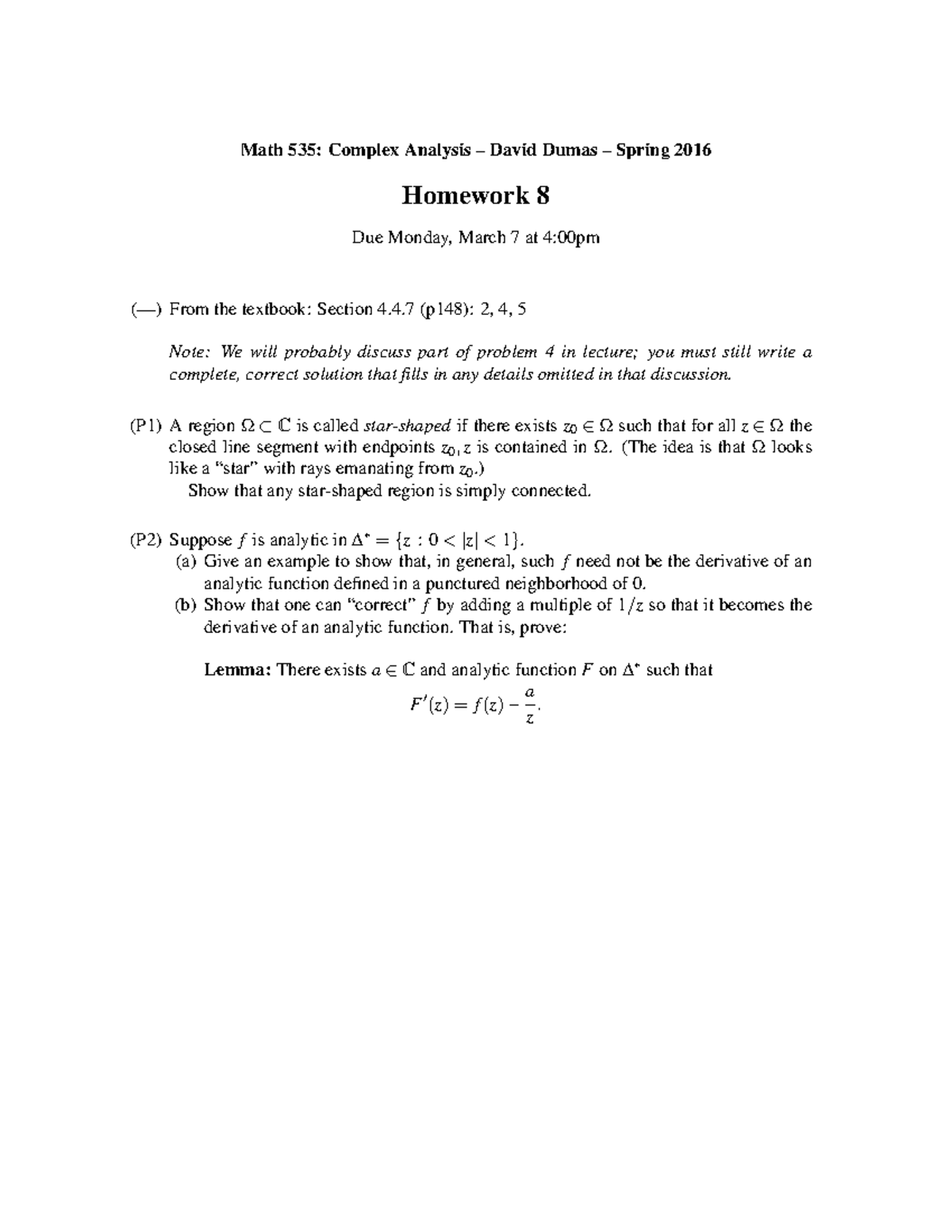 Math 535 - hw8 - David Dumas - Math 535: Complex Analysis David Dumas ...
