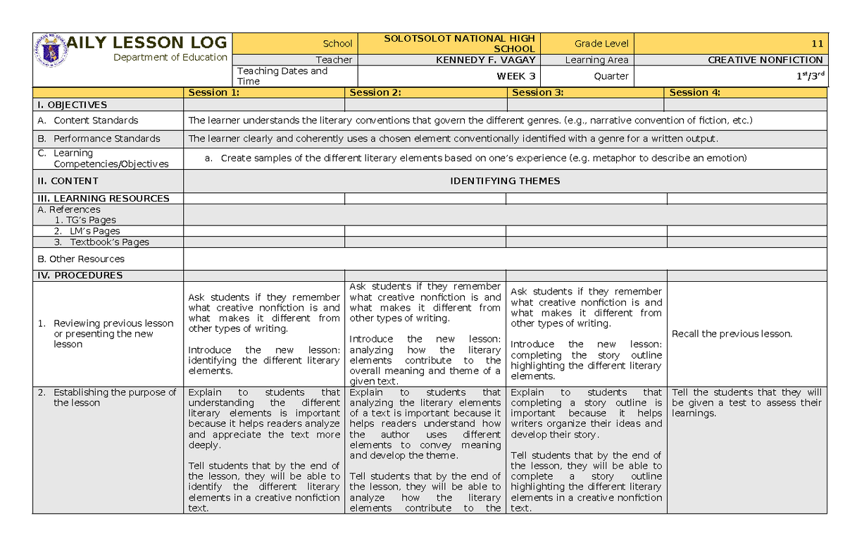 Creative Nonfiction 1 Quarter 1 WEEK 3 - DAILY LESSON LOG Department of Education School ...