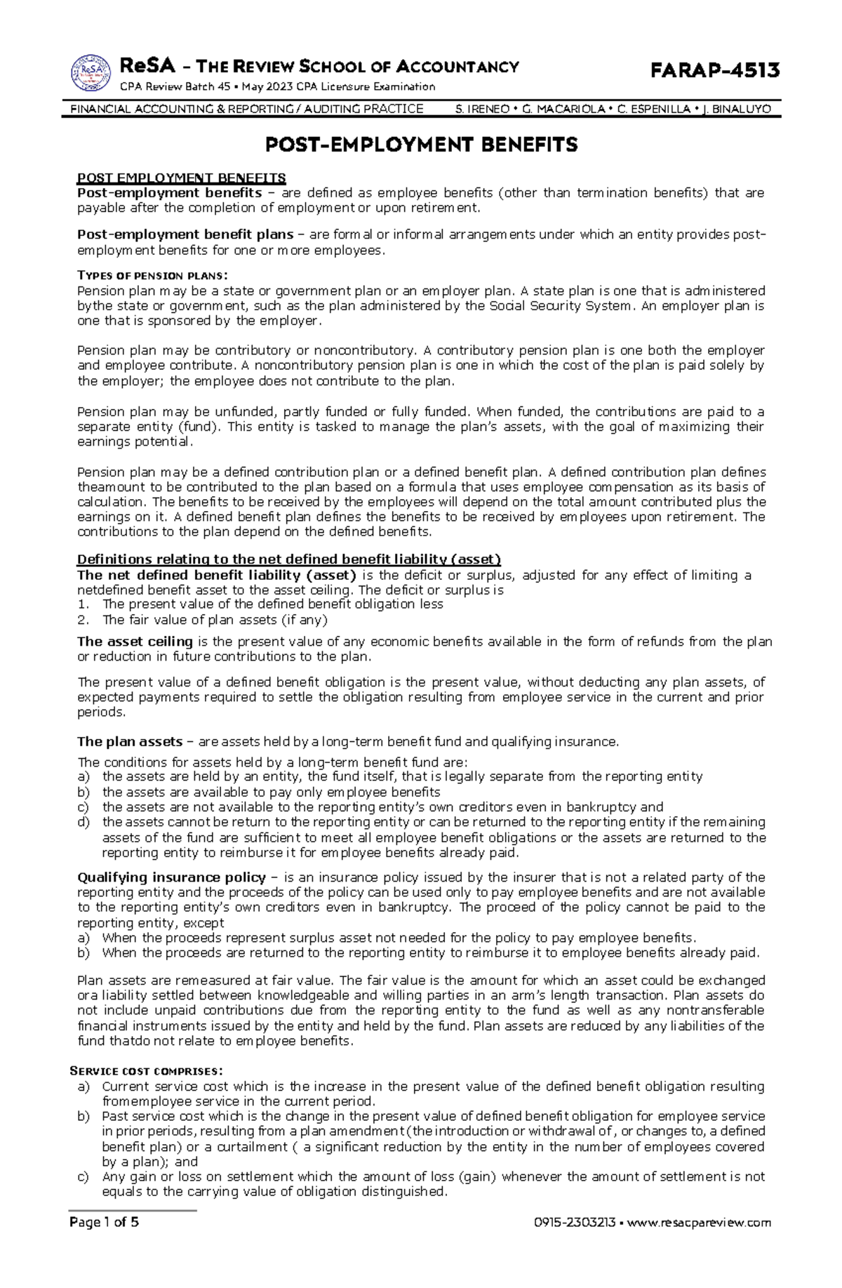 Post-Employment Benefits - ReSA - THE REVIEW SCHOOL OF ACCOUNTANCY CPA ...