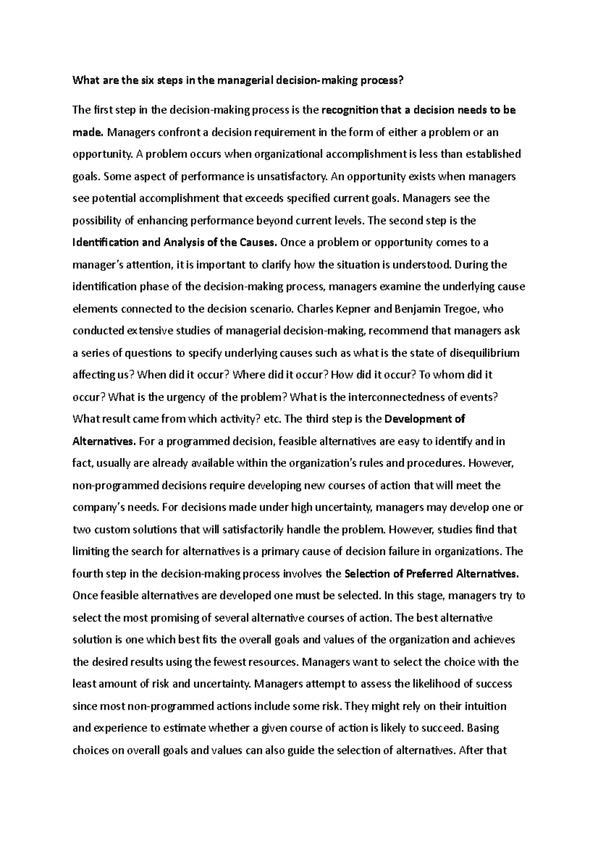 Bus500 - Business assignment - What are the six steps in the managerial ...