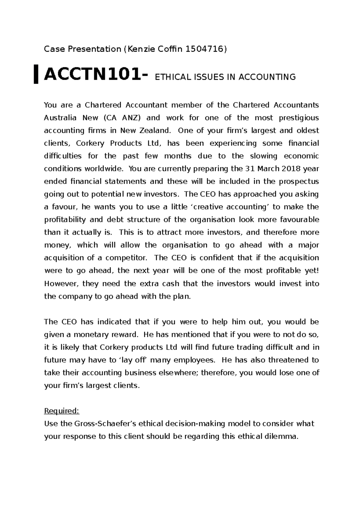 Case Presentation- Ethical Issues - Case Presentation (Kenzie Coffin ...