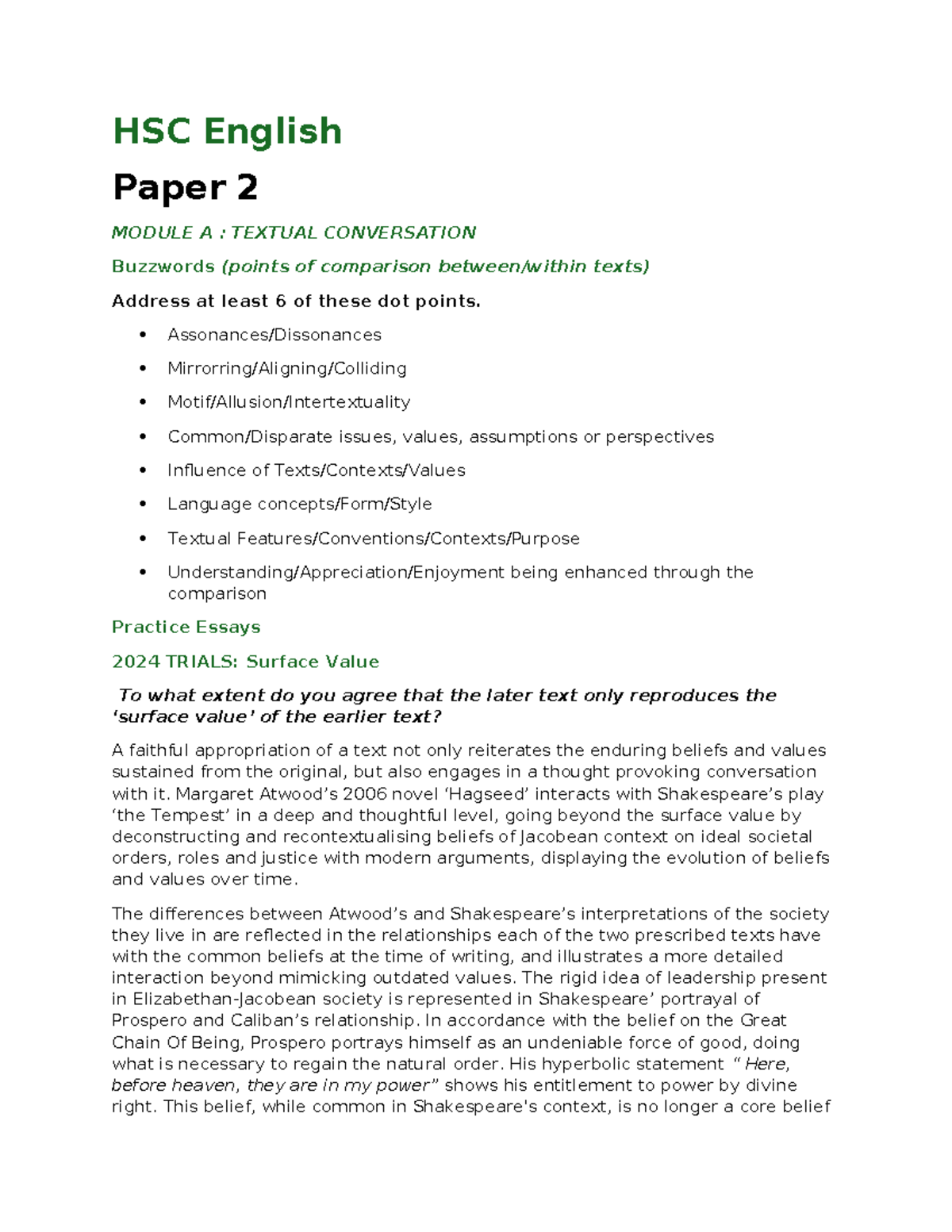 HSC English Paper 2 notes based off syllabus - HSC English Paper 2 ...