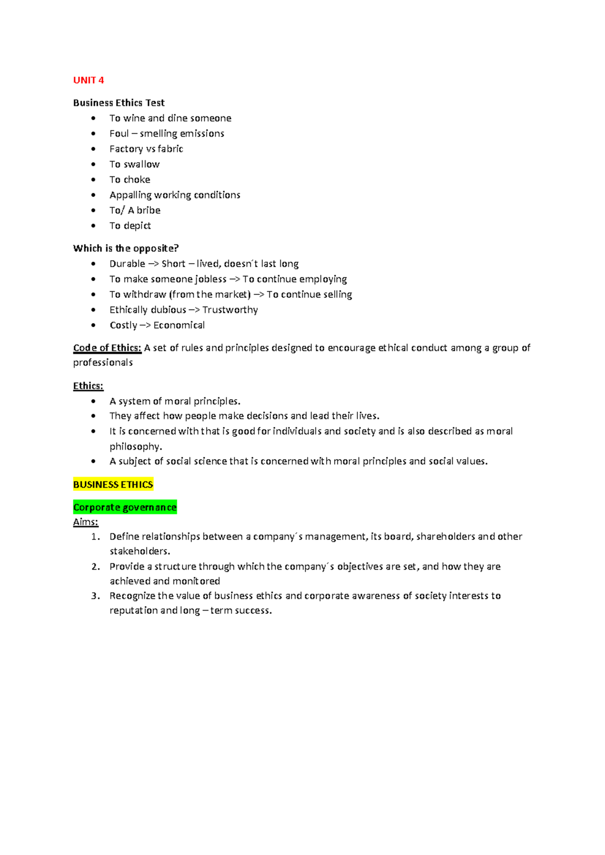 Unit 4 English - UNIT 4 Business Ethics Test - To wine and dine someone ...