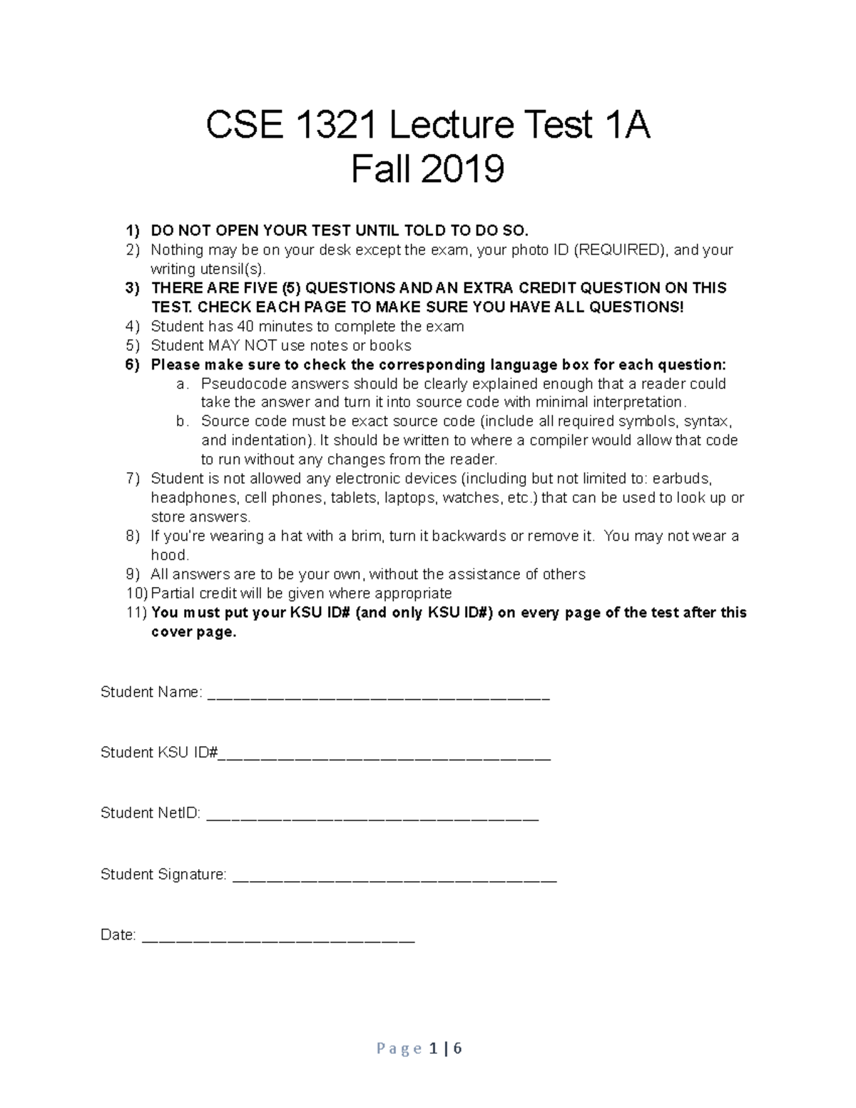 Fall 2019 - Test 1A PRACTICE TEST FOR 1321.. NEW TEST IS MULTIPLE ...