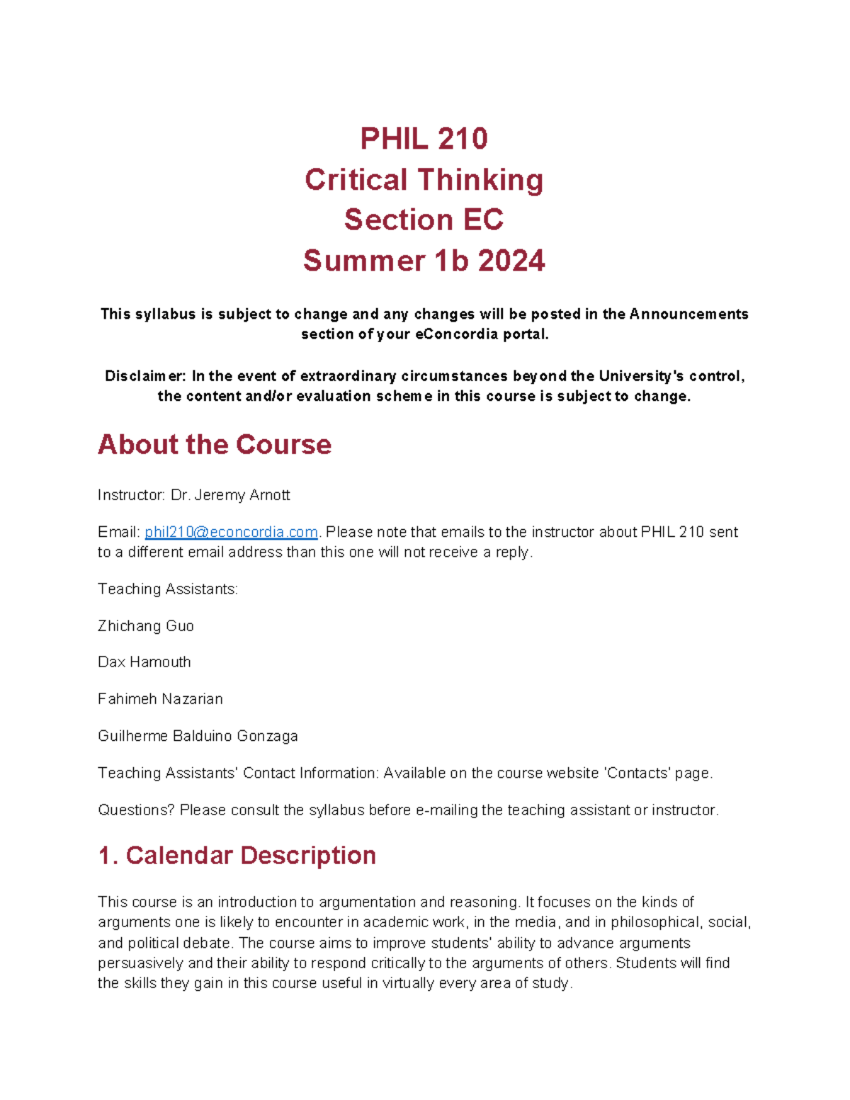Critical thinking - Course outline for philosophy class - PHIL 210 ...