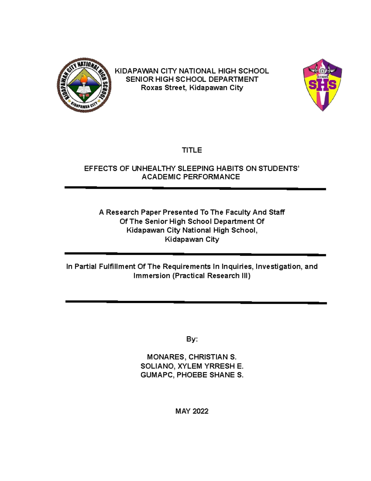 Pr3 - Essay - KIDAPAWAN CITY NATIONAL HIGH SCHOOLSENIOR HIGH SCHOOL DEPARTMENT Roxas Street ...