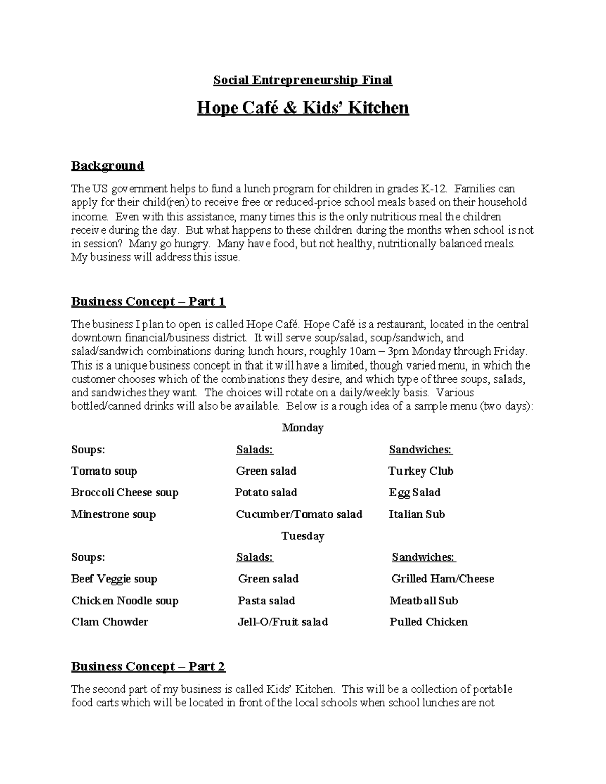 Fictional Business Plan 1 - Social Entrepreneurship Final Hope Café ...