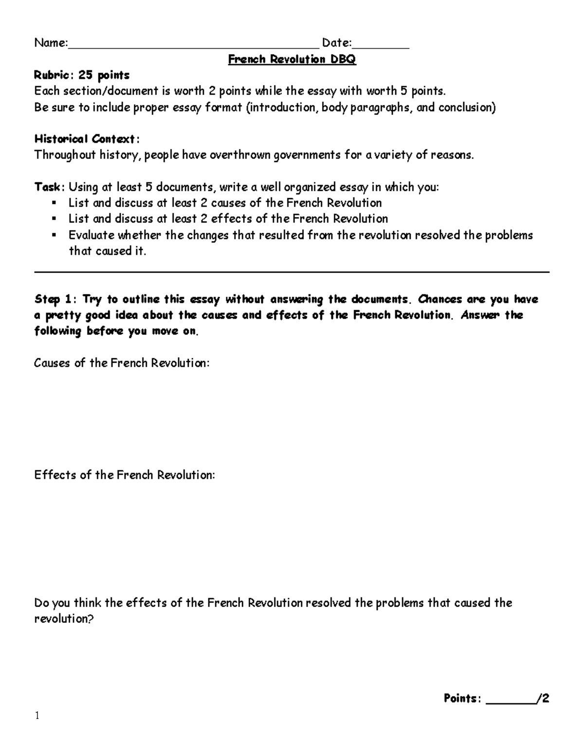 Example-Resources - French Revolution DBQ Rubric: 25 points Each ...