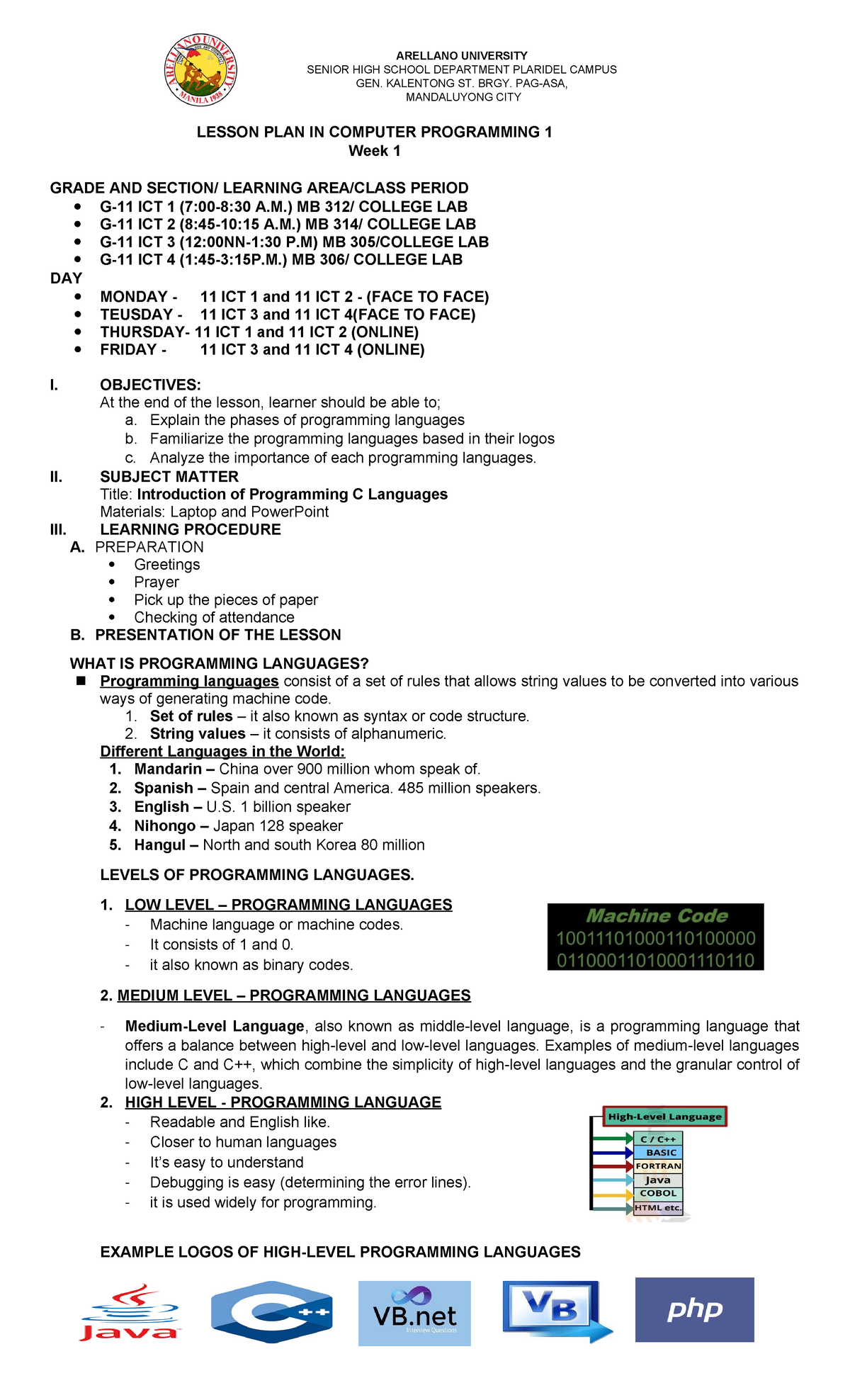 CP1-LP1 - ABOUT PROGRAMMING LANGUAGES - ARELLANO UNIVERSITY SENIOR HIGH ...