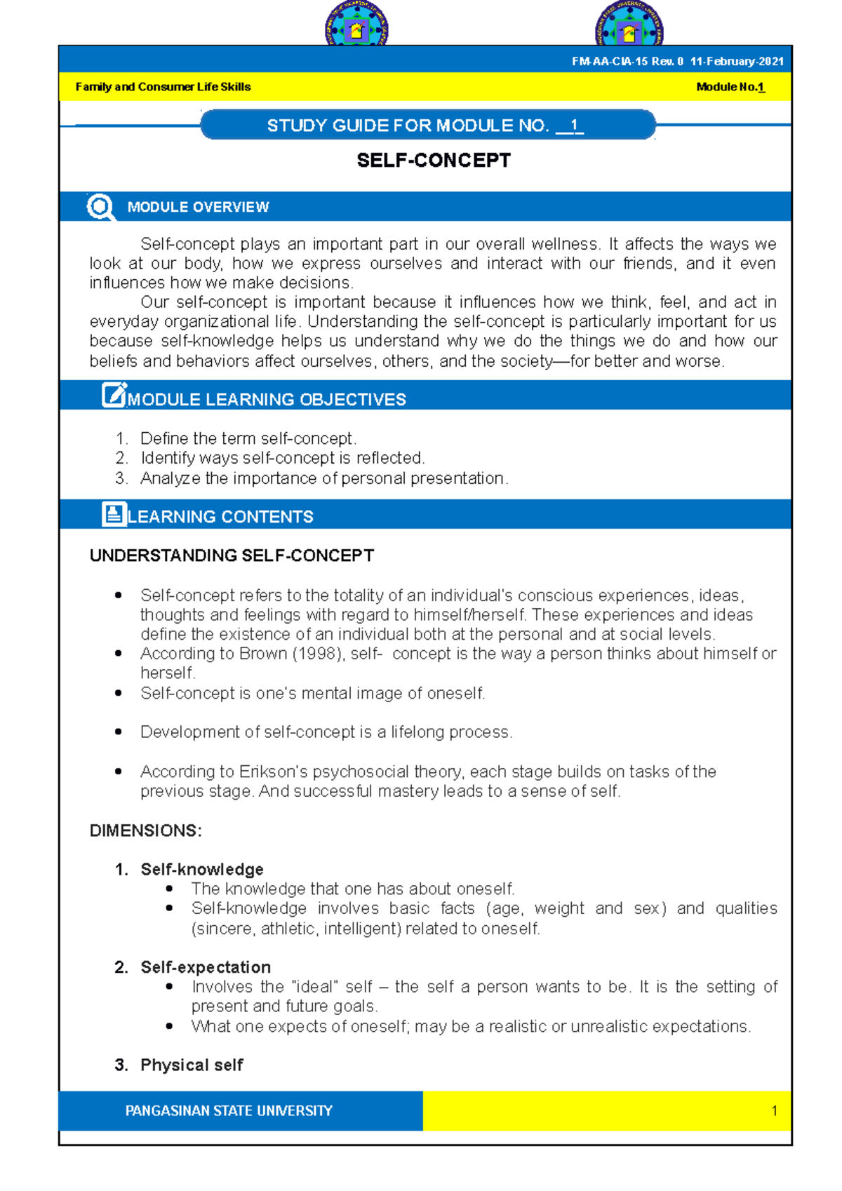 SG1 - TLED4 - 1 SELF-CONCEPT MODULE OVERVIEW Self-concept plays an important part in our overall ...