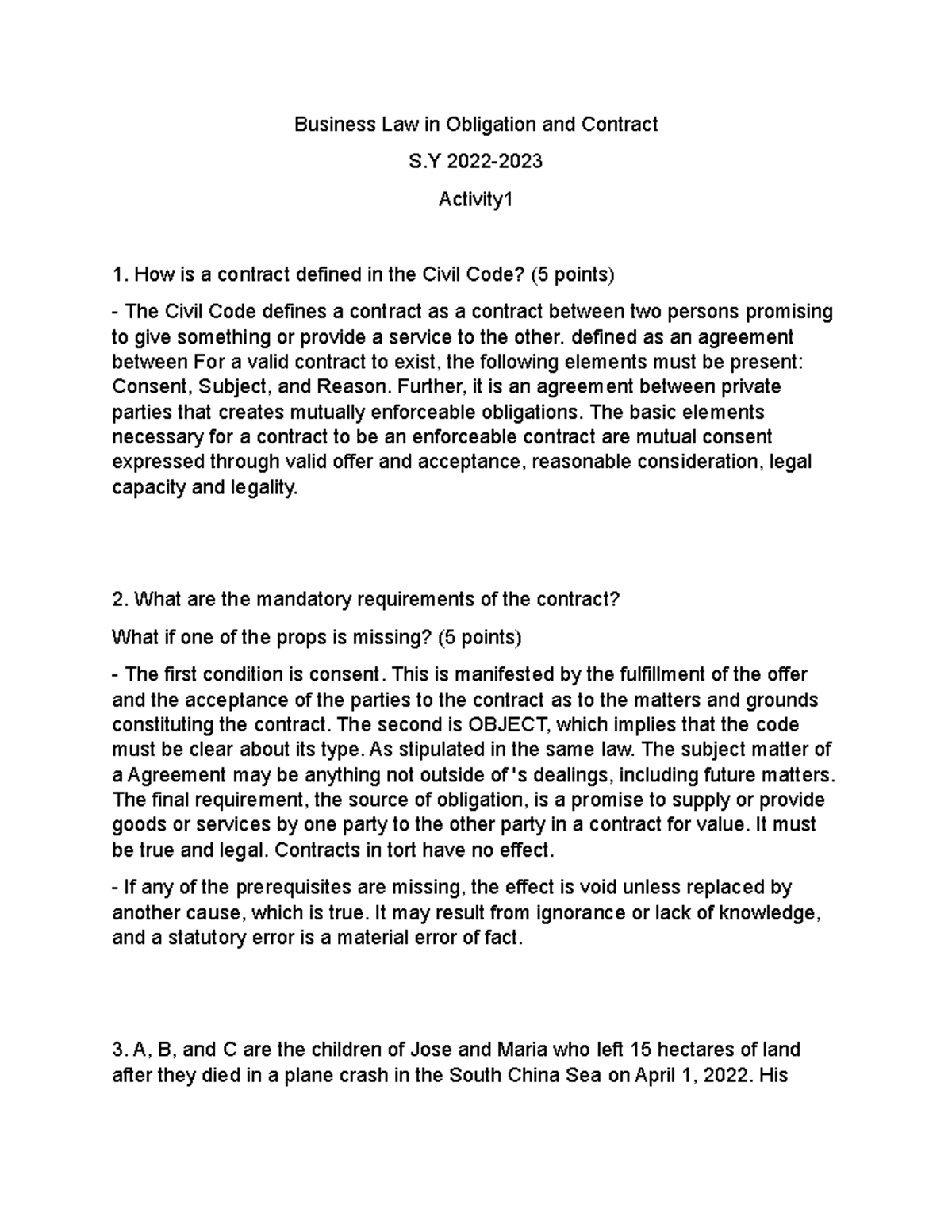 Business Law in Obligation and Contract Activity 1 - Business Law in ...