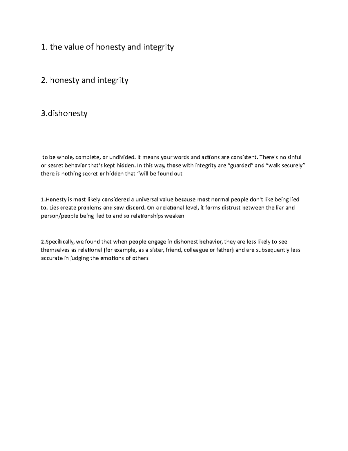 Ethical Frameworks Situational Analysis - 1. the value of honesty and integrity 2. honesty and ...
